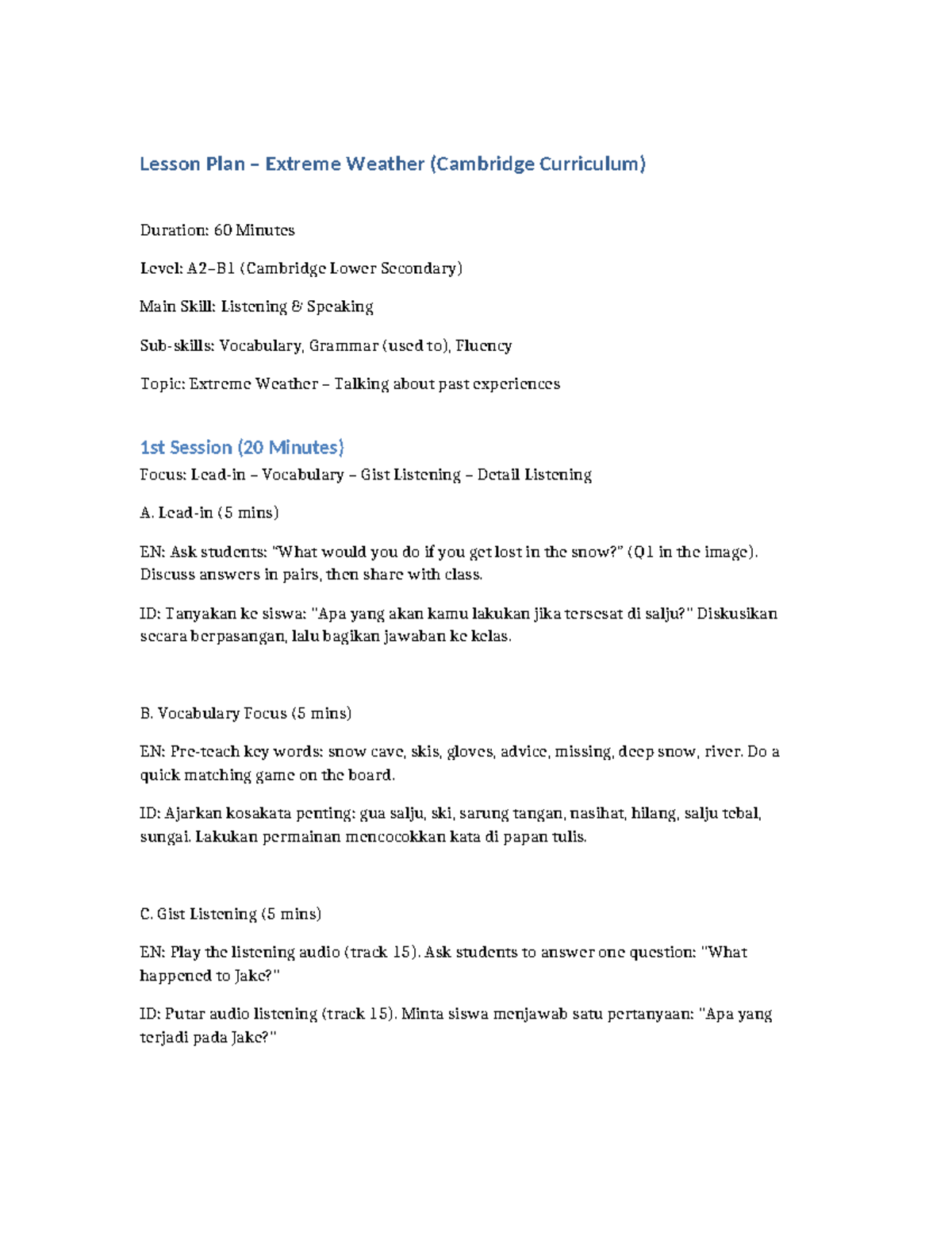 Extreme Weather Lesson Plan (Cambridge Lower Secondary) - 60 Min - Studocu