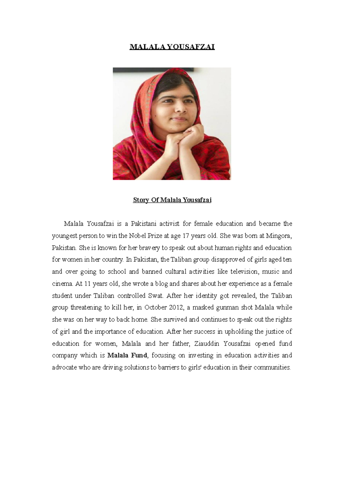 Malala Yousafzai (draft) - MALALA YOUSAFZAI Story Of Malala Yousafzai ...