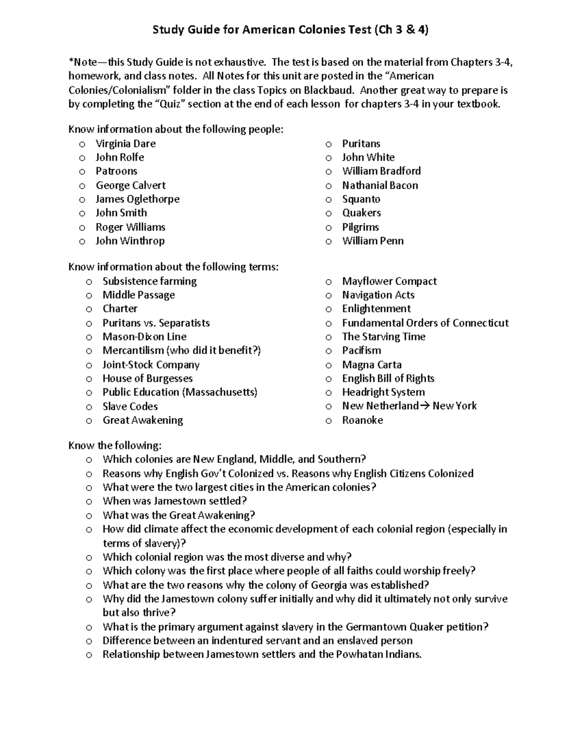 American Colonies Test Study Guide (Ch 3 & 4) - Studocu