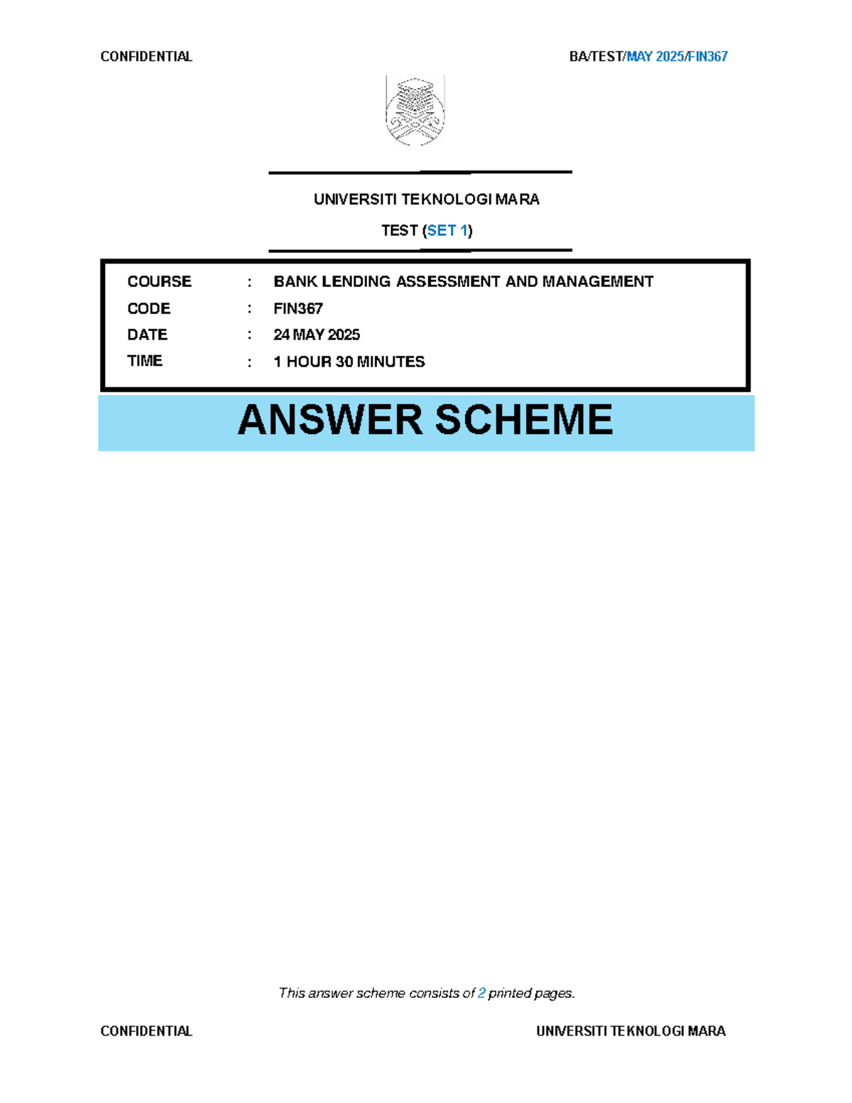 FIN367 Midterm Test Set 1 Answer Scheme (Mar-July 2025) - Studocu