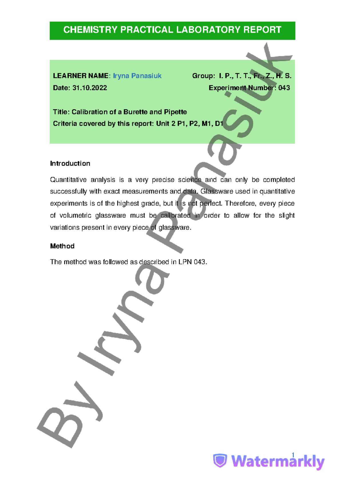 Btec Level 3 Applied Science Unit 2 A3 Titration And Colorimetry Learner Name Iryna Panasiuk
