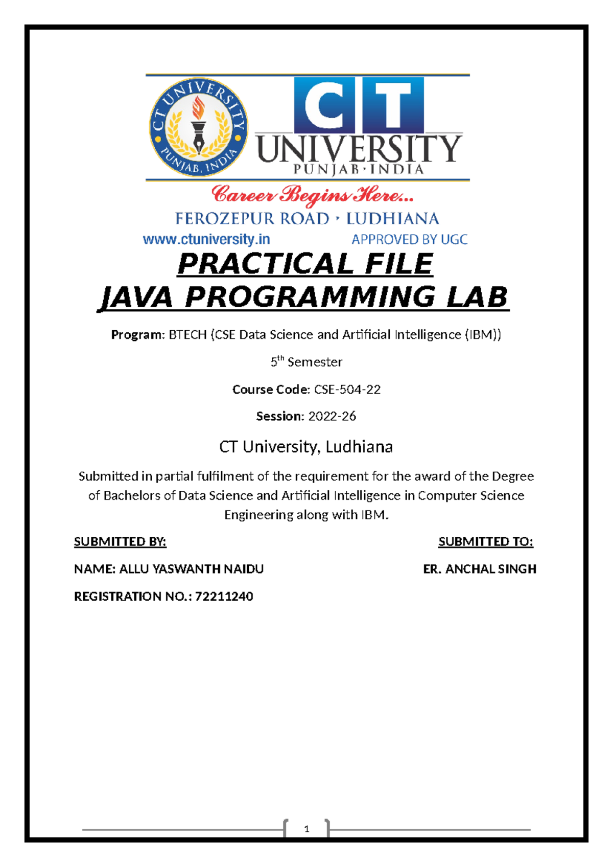 Java Programming Lab Practical File - BTECH CSE-504 (DS & AI) - Studocu