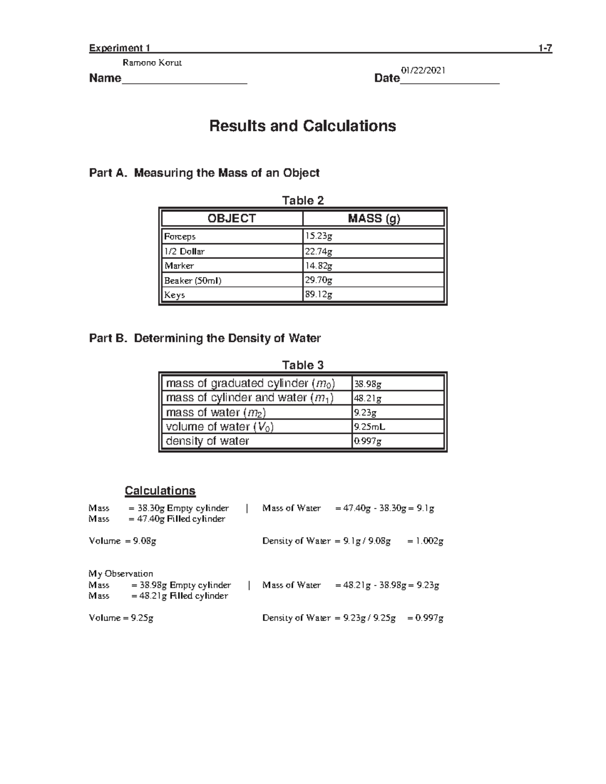 Experiment 1: Mass, Density, and Composition Analysis - Studocu