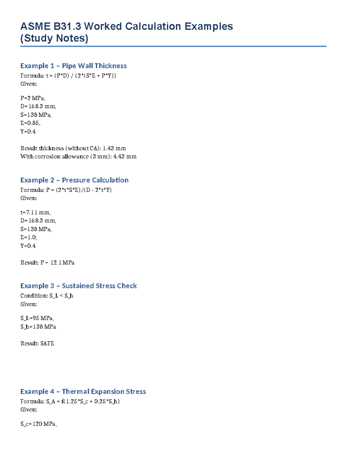 ASME B31.3 Worked Calculation Examples (Study Notes) - Studocu