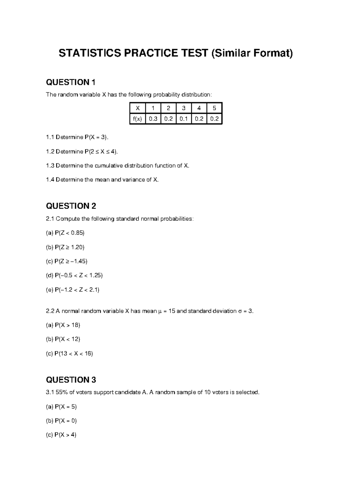 STATISTICS PRACTICE TEST: Probability Distributions & Normal Variables ...