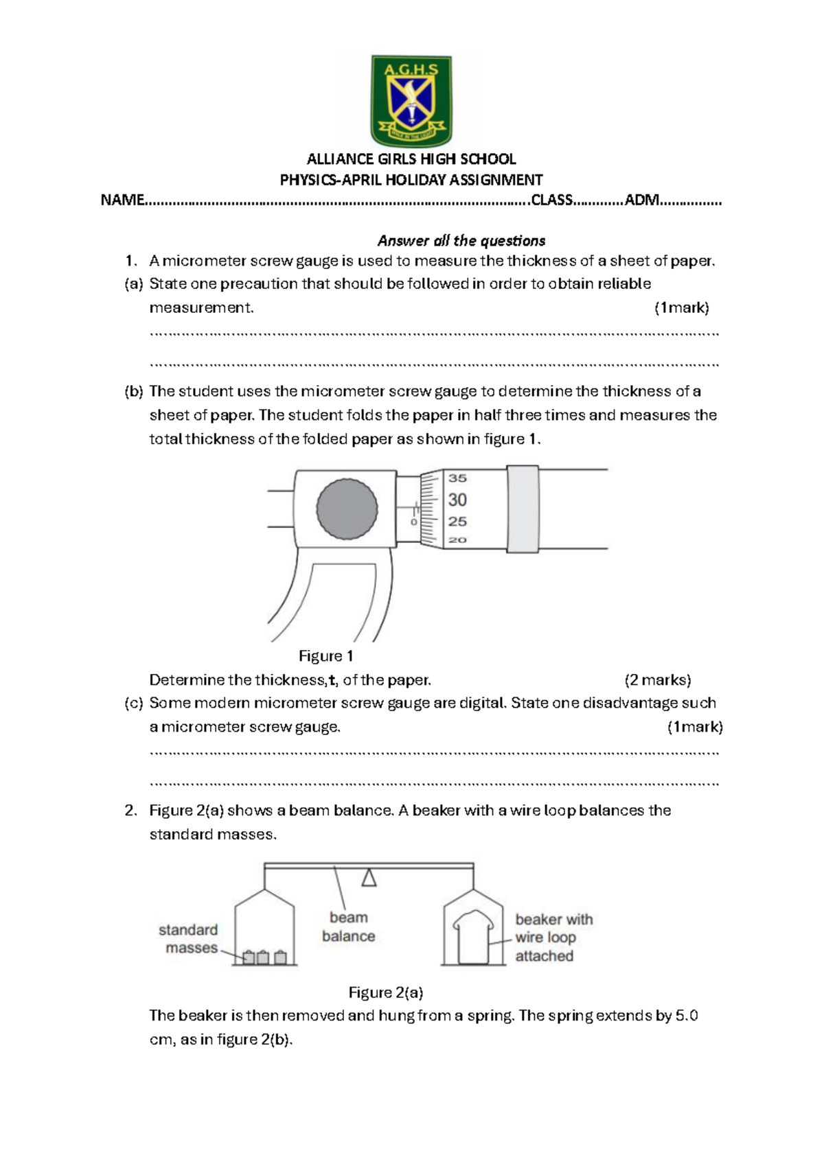 FORM 3 Holiday Assignment: Physics Concepts & Experiments - Studocu