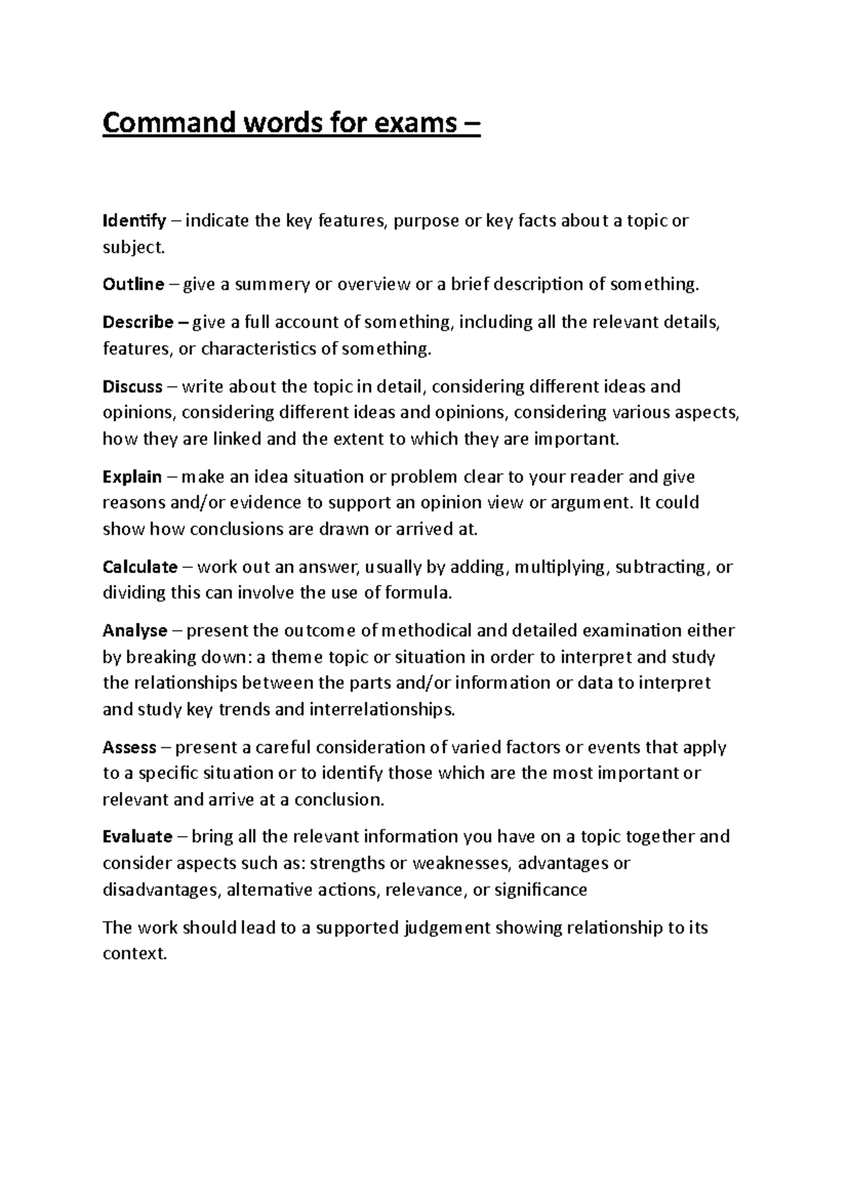 Command Words for Exams: Understanding Key Terms and Their Usage - Studocu