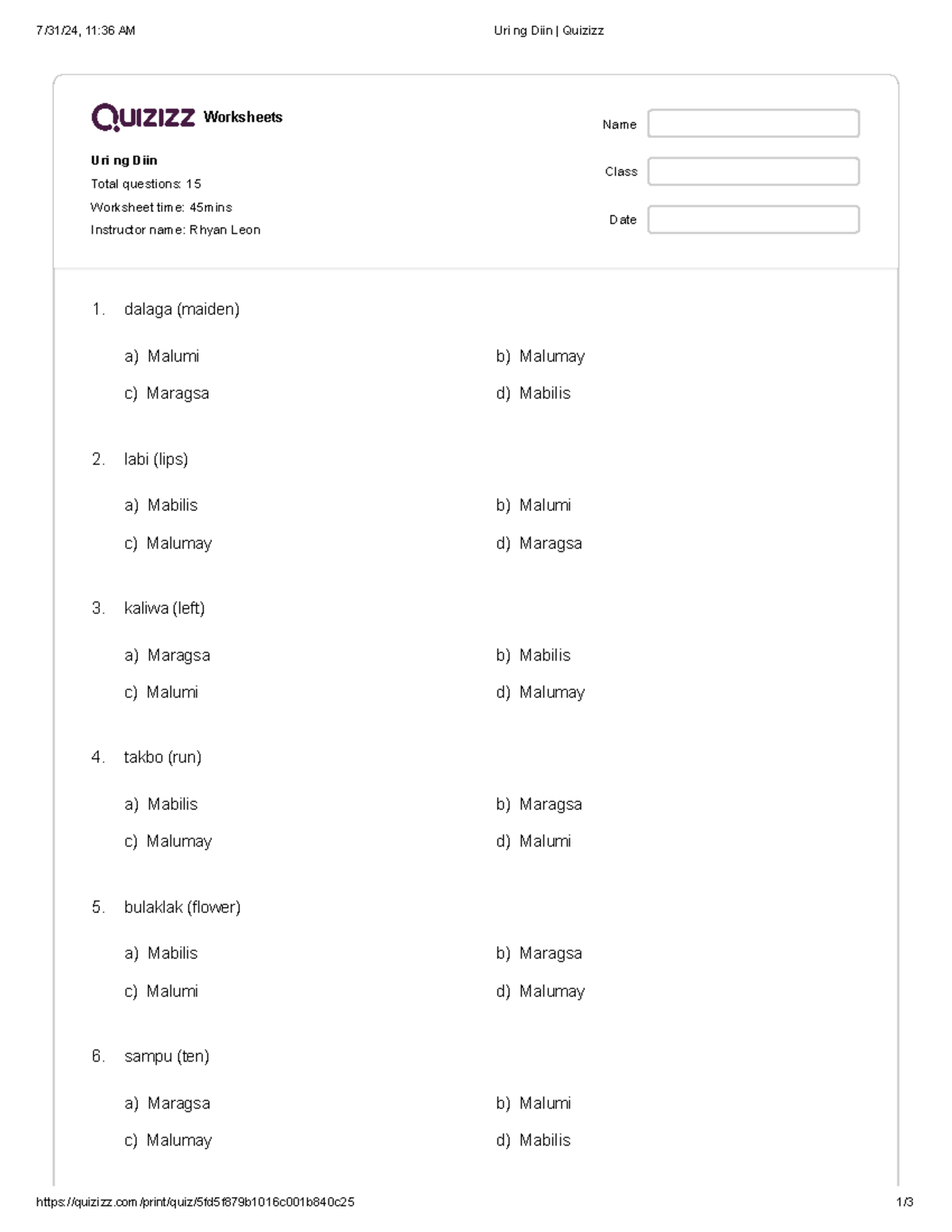 Uri ng Diin Quizizz - Worksheet Review and Practice - Studocu