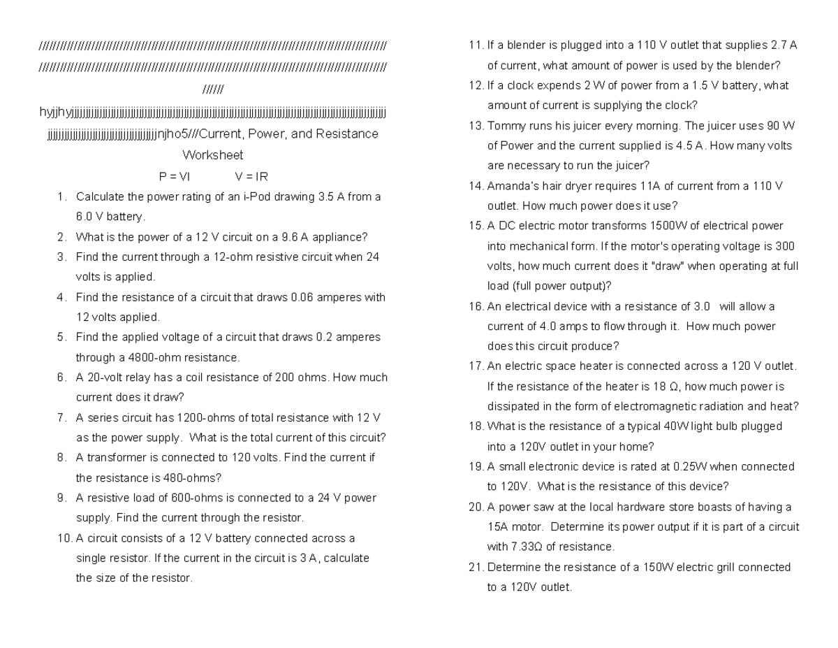 Ohm's Law Cheat Sheet: Power, Voltage & Current Worksheets - Studocu