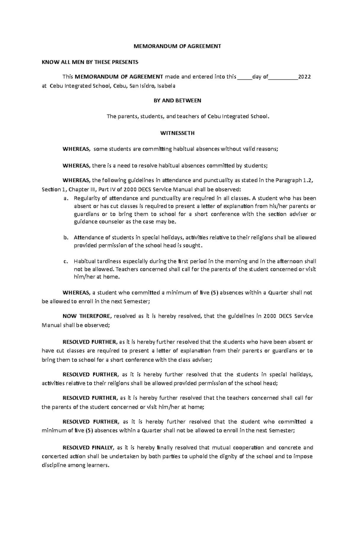 MOA - Guidelines for Addressing Student Absences and Punctuality - Studocu