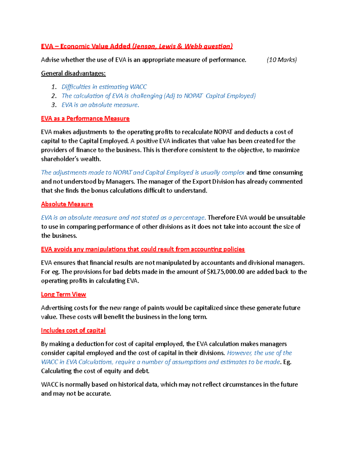 EVA Analysis - Performance Measure for Divisional PM in Finance - Studocu