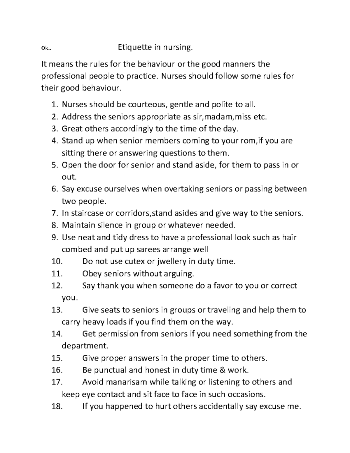 NUR 101: Essential Etiquette Practices for Nursing Professionals - Studocu