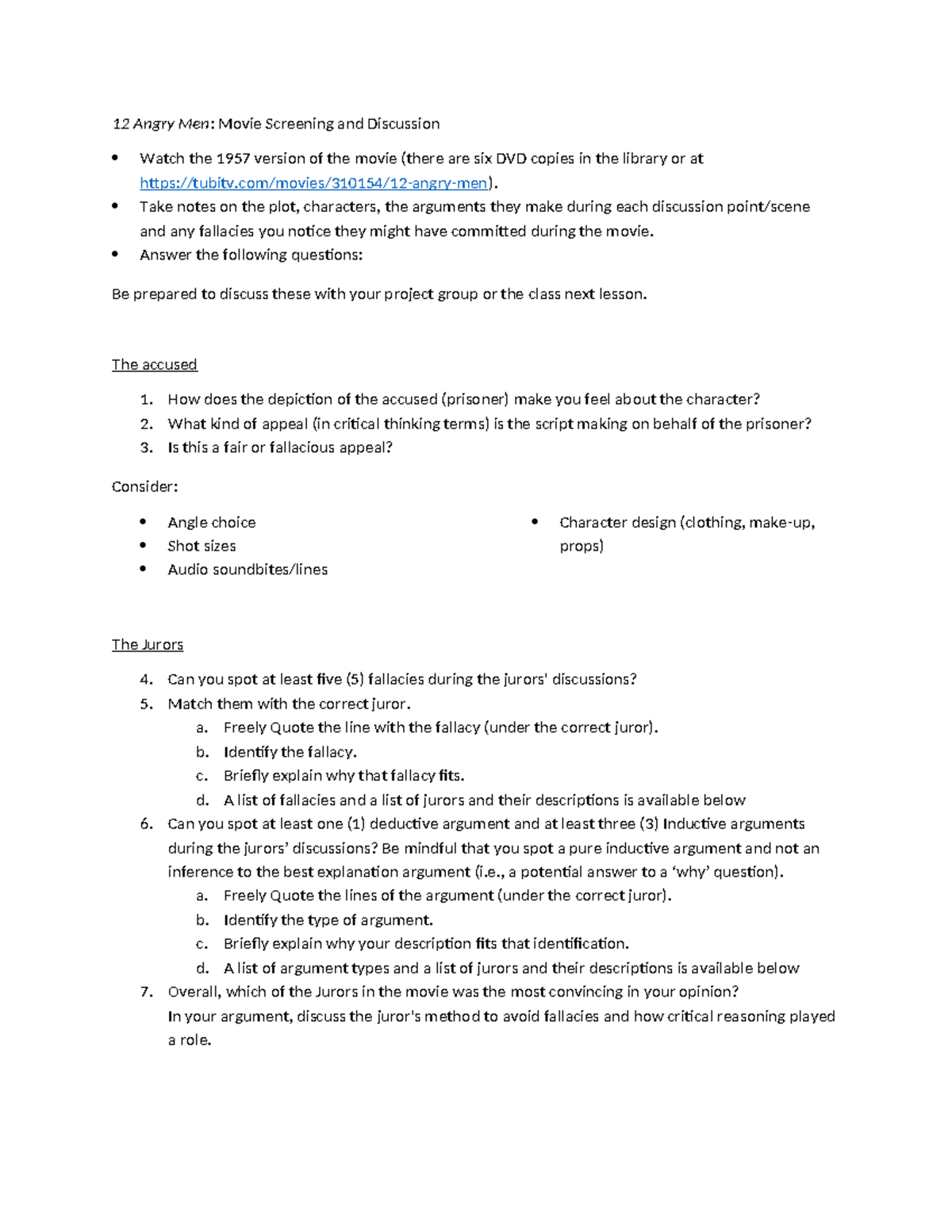 12 Angry Men worksheet 2024 - 12 Angry Men: Movie Screening and ...