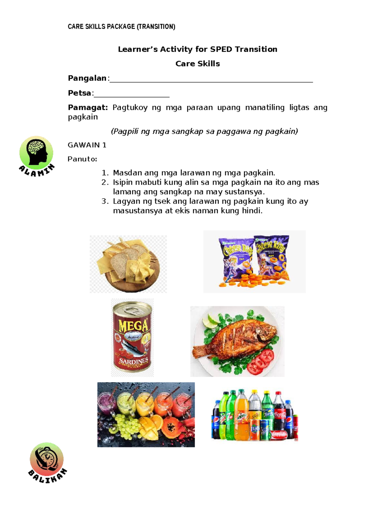 CARE SKILLS PACKAGE (TRANSITION): Food Safety & Nutrition Activities ...