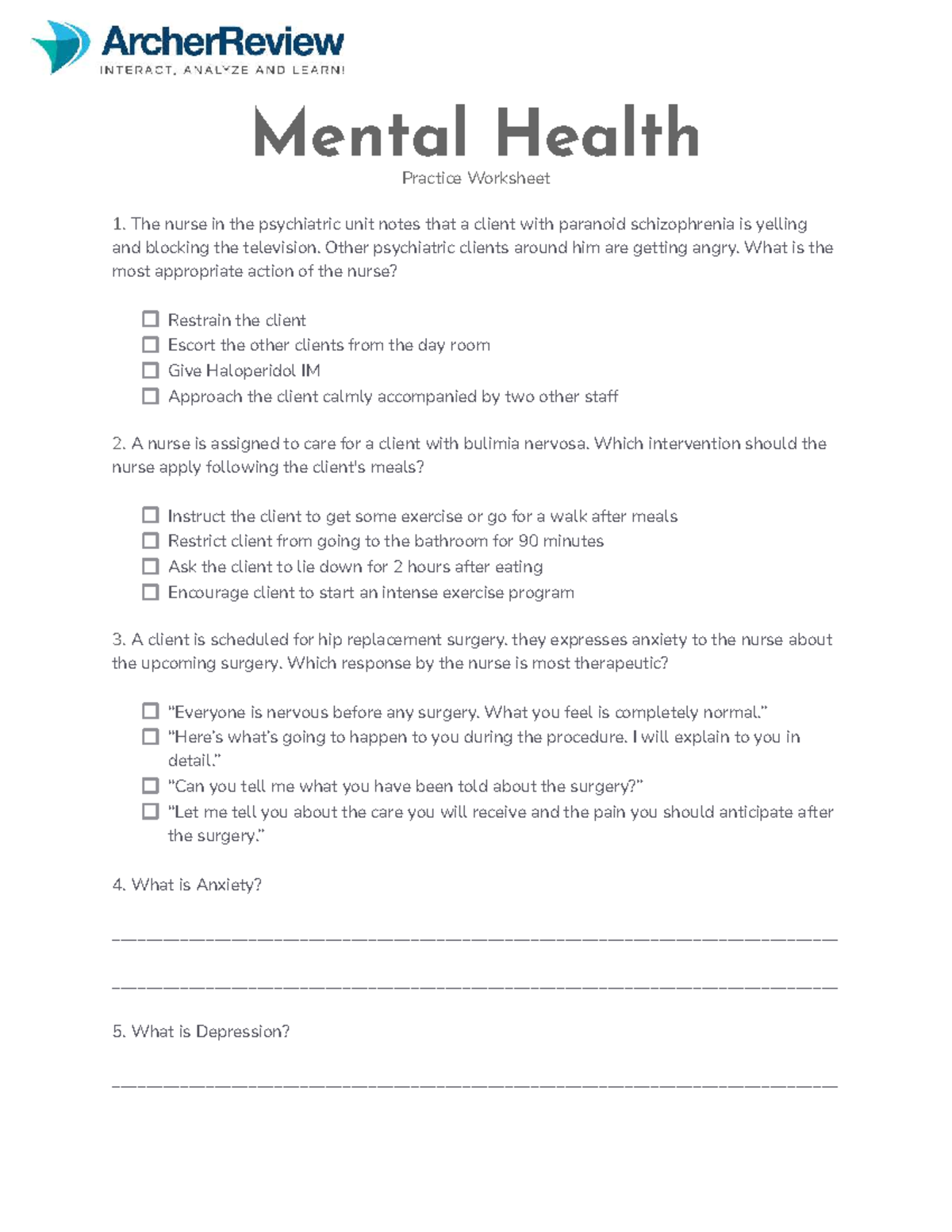 Psychiatric Nursing Practice Worksheet for Mental Health (MH 101) - Studocu