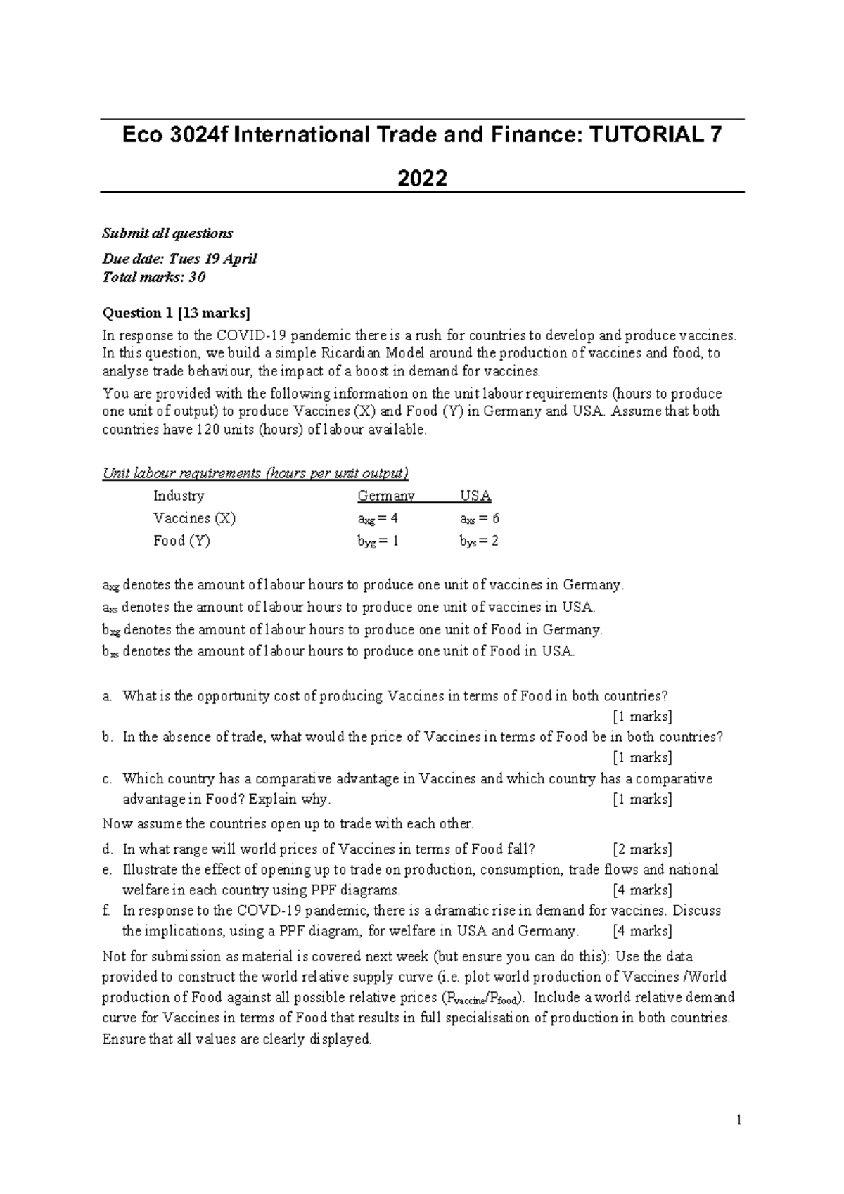ECO34 - Tut 7 - Tutorial Assignment 7 - 1 Eco 3024f International Trade ...