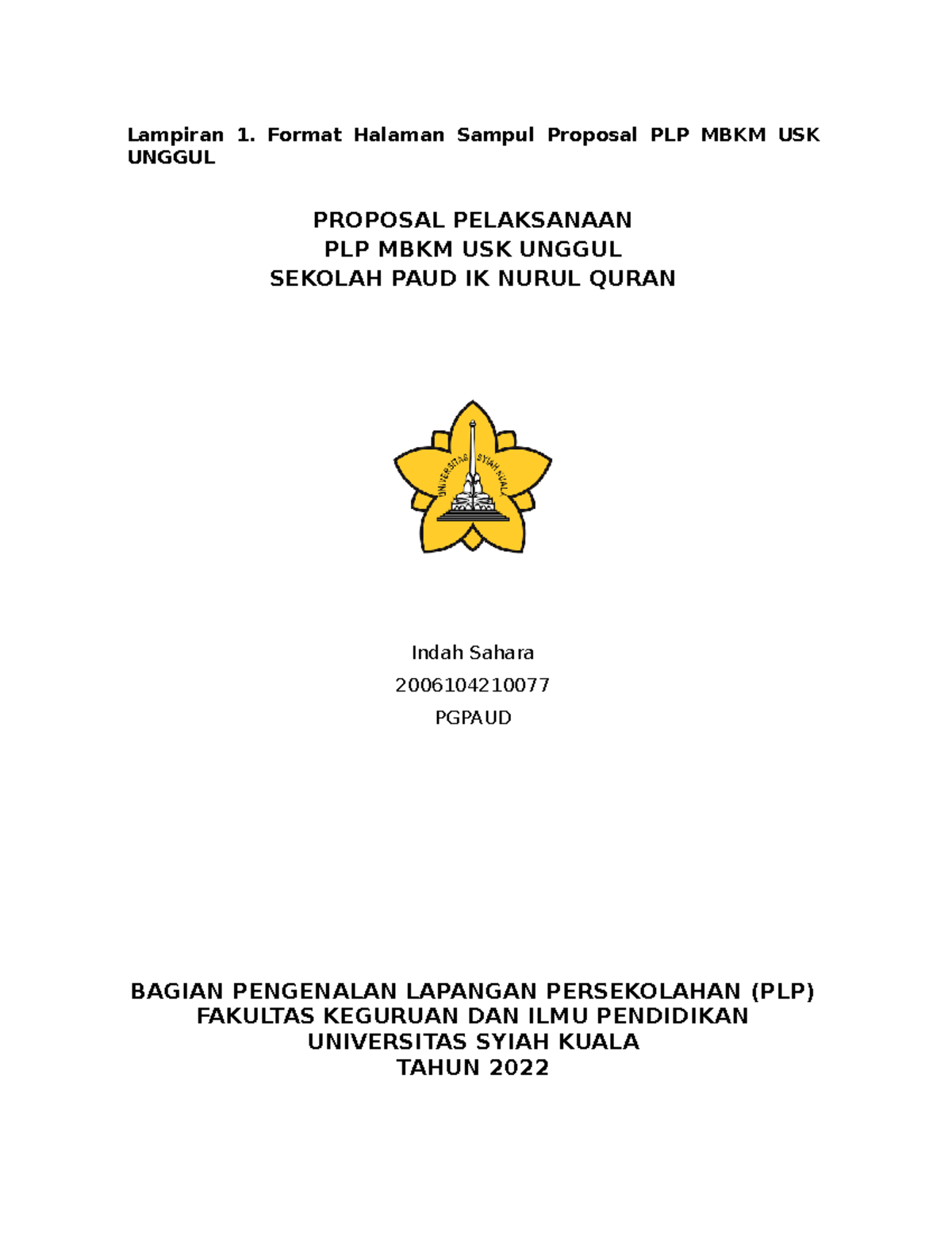 Proposal Pelaksanaan PLP MBKM USK Unggul di PAUD IK Nurul Quran - Studocu