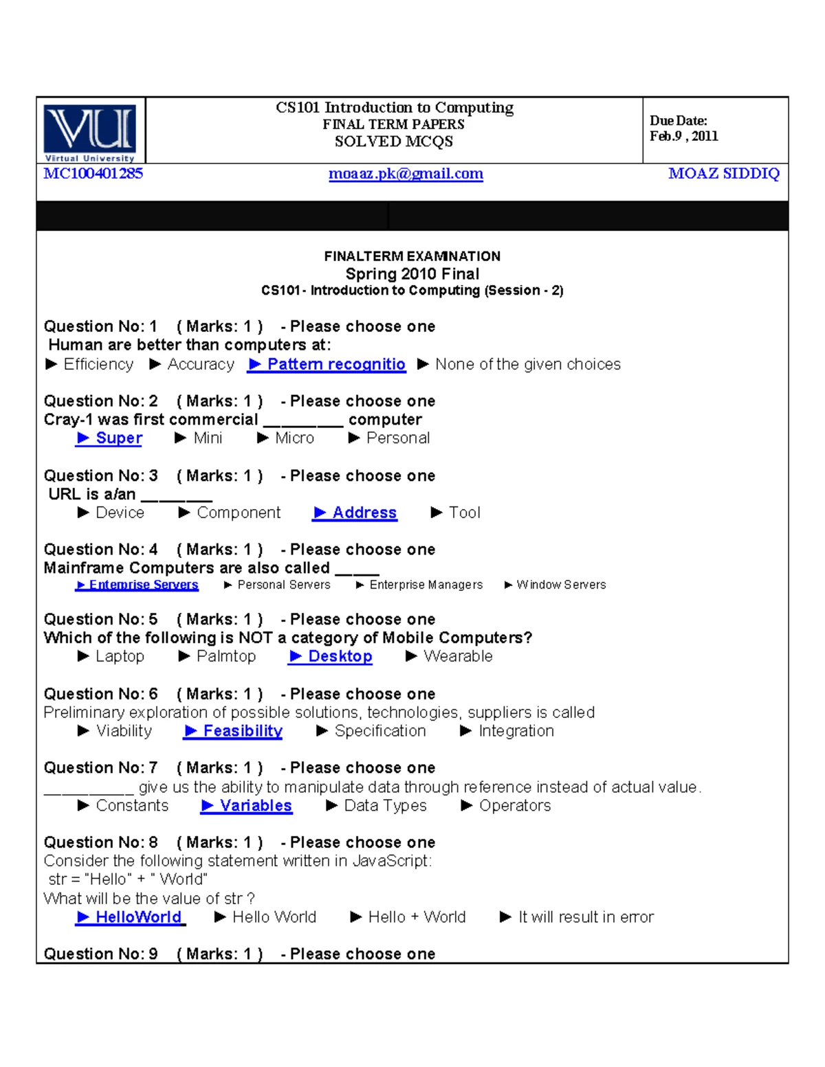 Cs101 Final Term Mcqs By Waqar Siddhu Computer Science Download