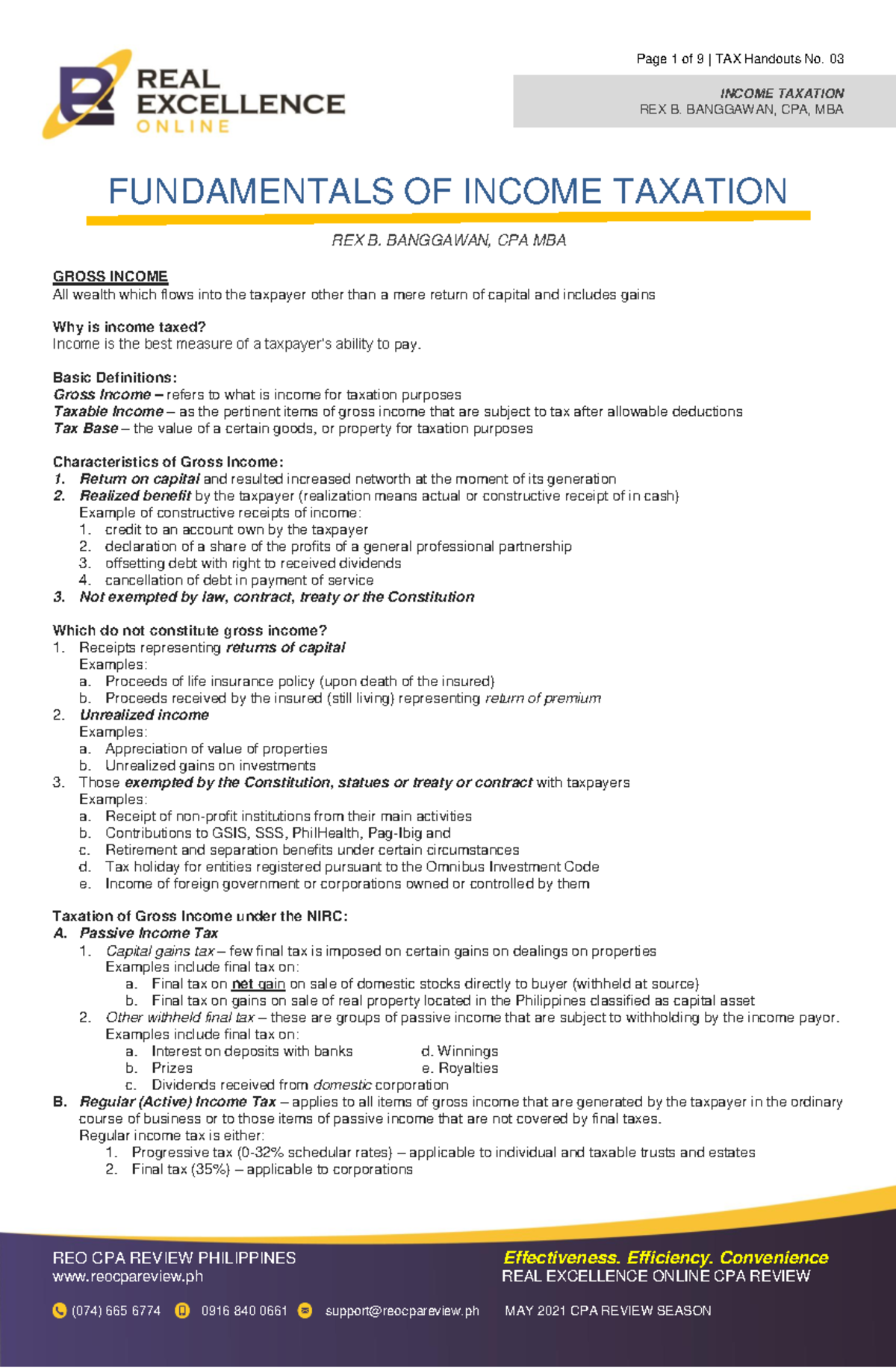 Final Exam Notes: Tax Handout 3 - Principles of Income Taxation - Studocu
