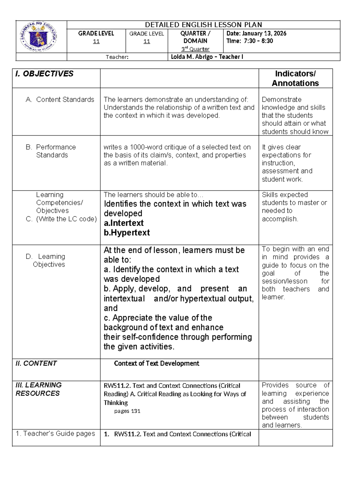 Detailed English Lesson Plan for Grade 11 - 3rd Quarter - Studocu