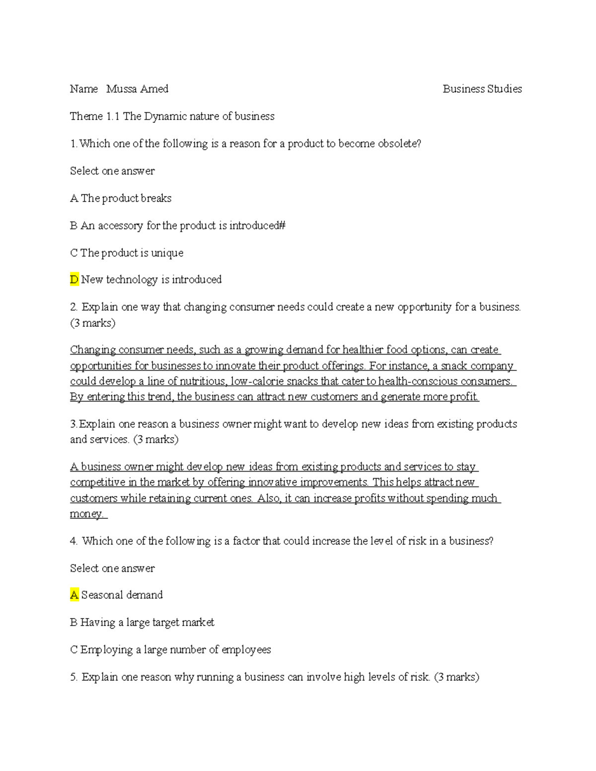 Business Studies (BS101) Theme 1.1: The Dynamic Nature of Business ...