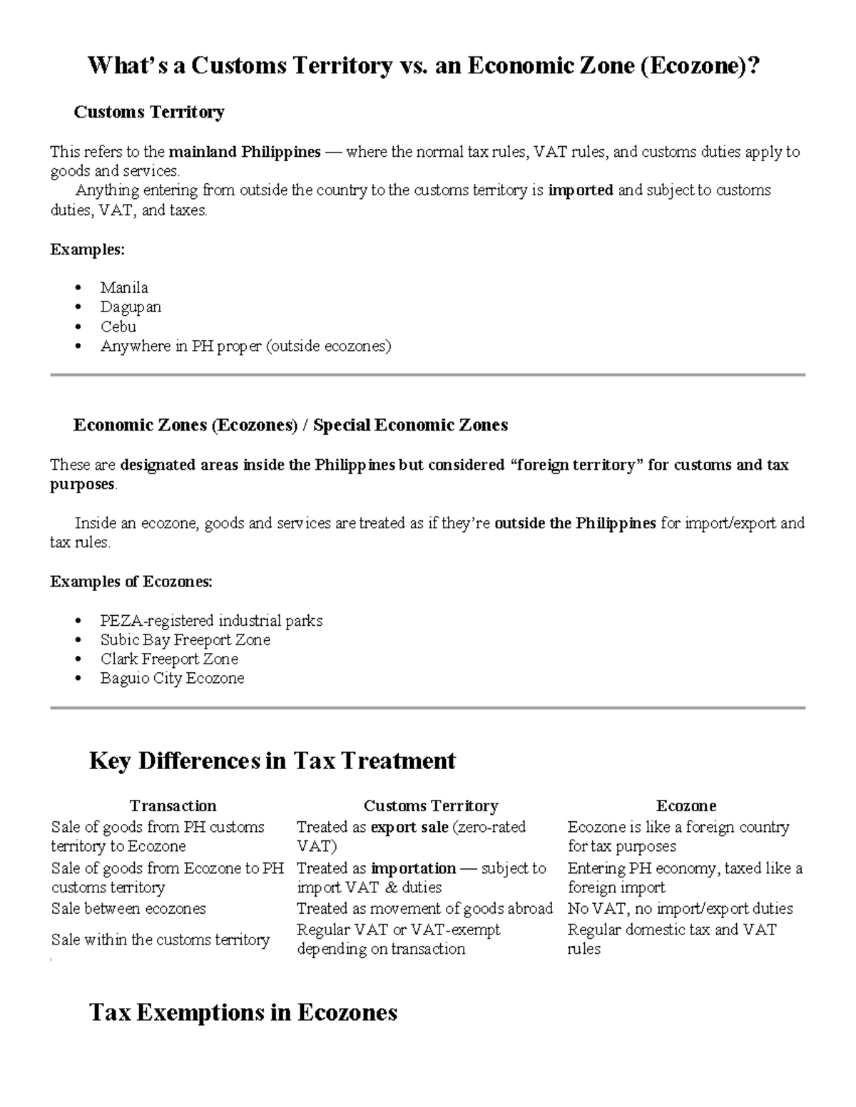 Ecozone vs. Customs Territory: Tax Implications Explained - Studocu