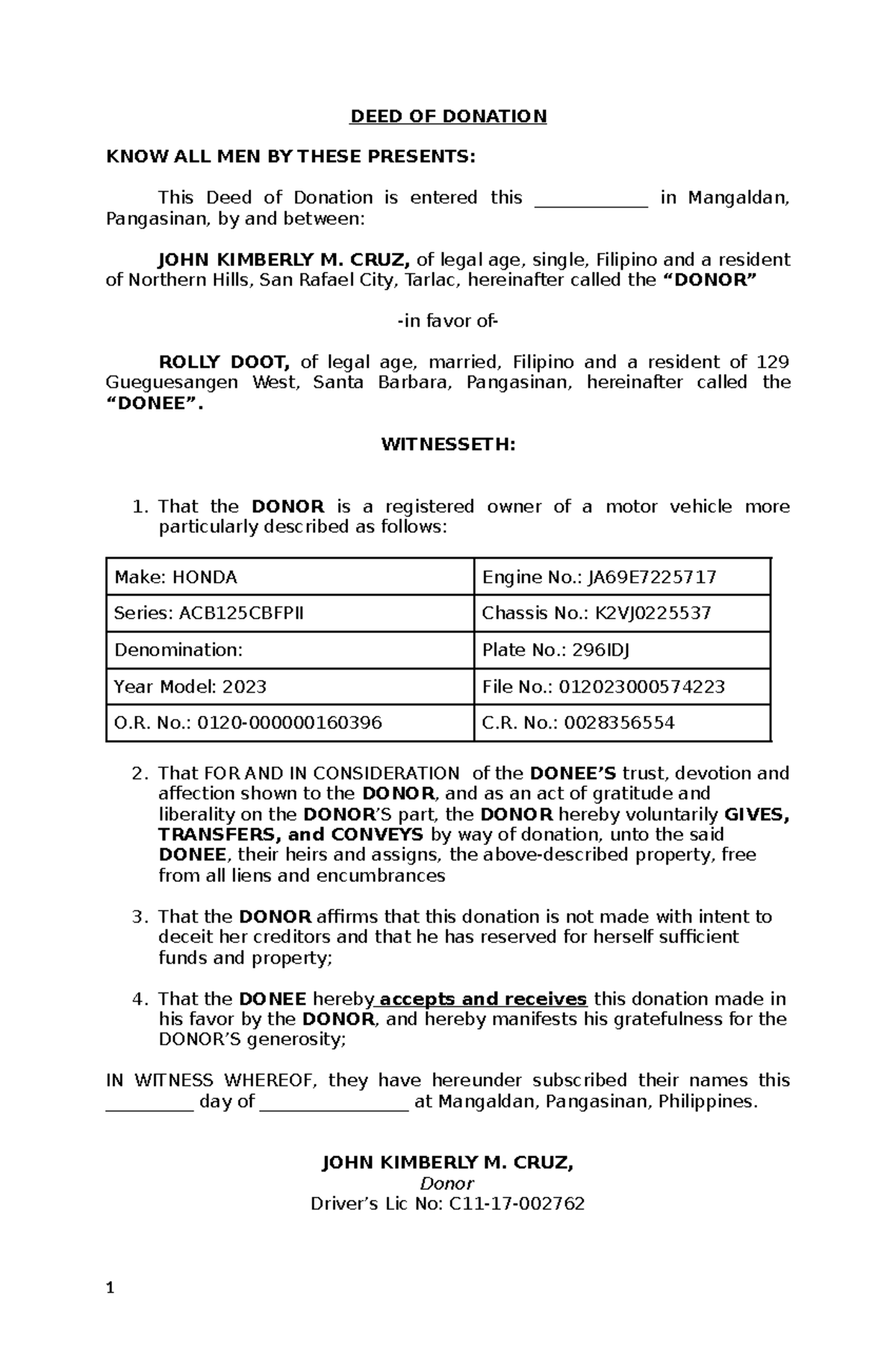 Deed of Donation - Motor Vehicle Transfer Document for 2024 - Studocu