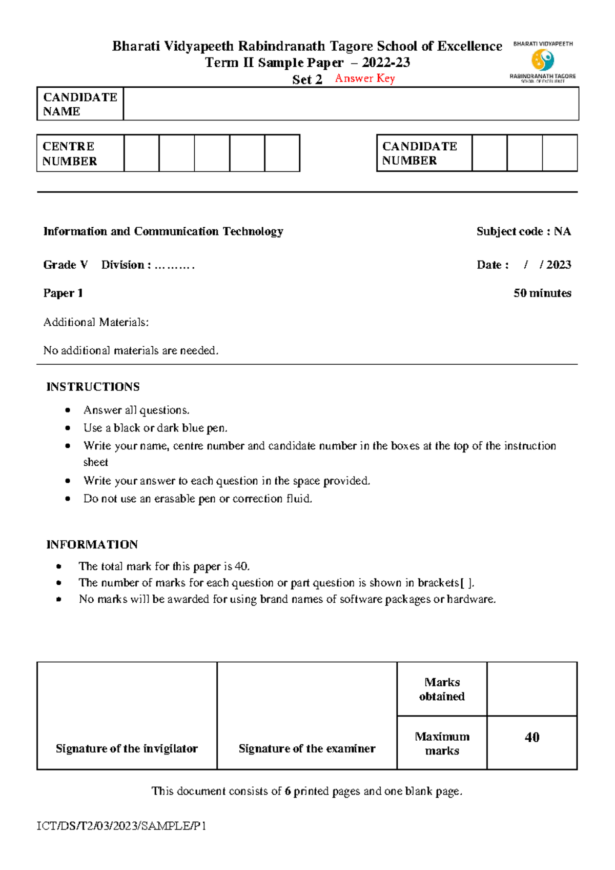 Grade V ICT Term II Sample Paper 1 Set 2 Answer Key - Studocu