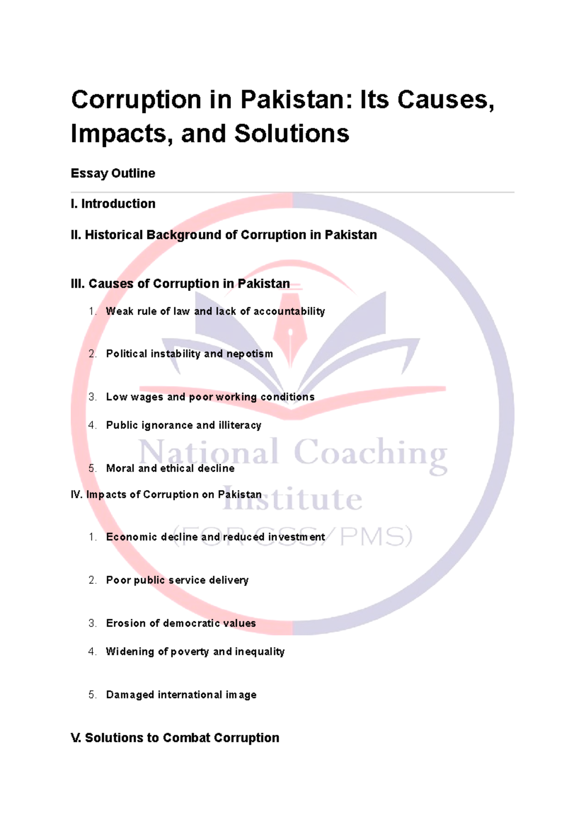 Corruption in Pakistan: Causes, Impacts & Solutions Essay Outline - Studocu