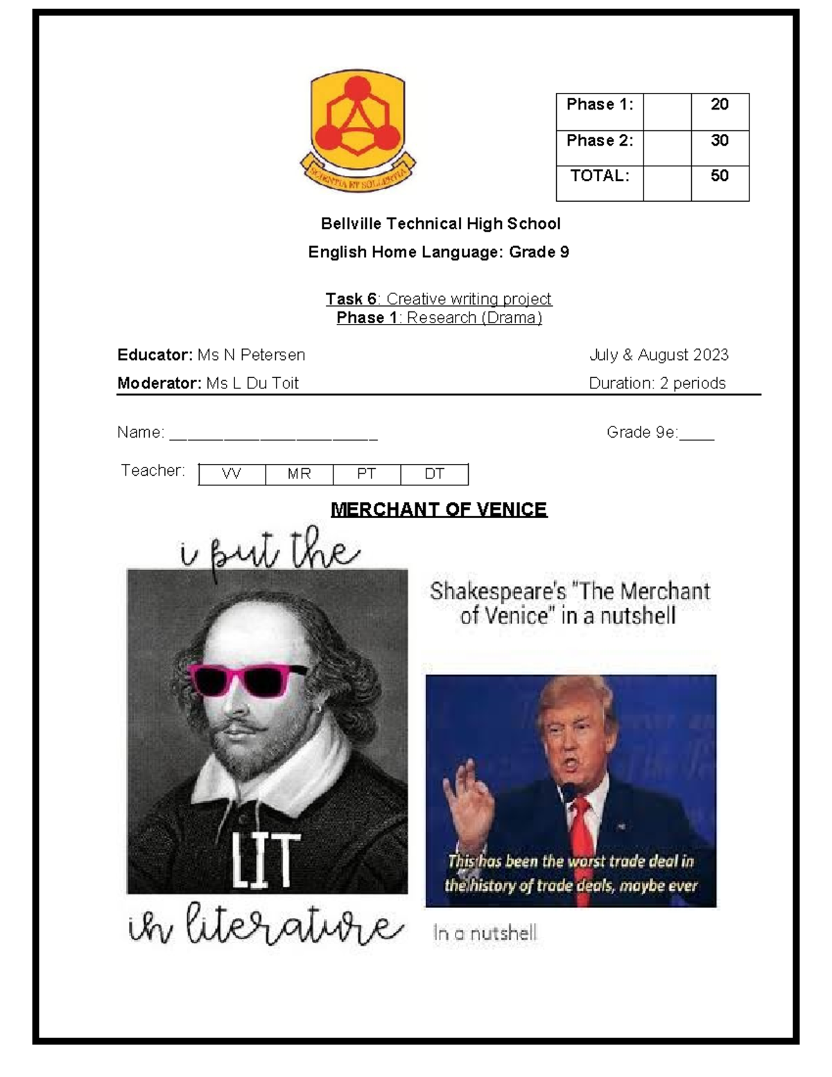 Grade 9 English: Task 6 - Creative Writing Project on Merchant of ...
