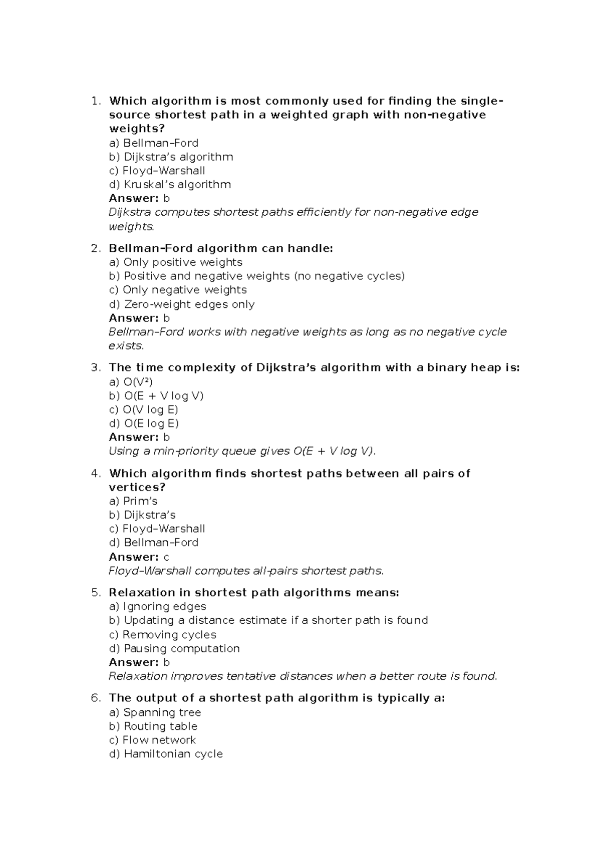 Unit 5 MCQs on Shortest Path Algorithms and Routing Protocols - Studocu
