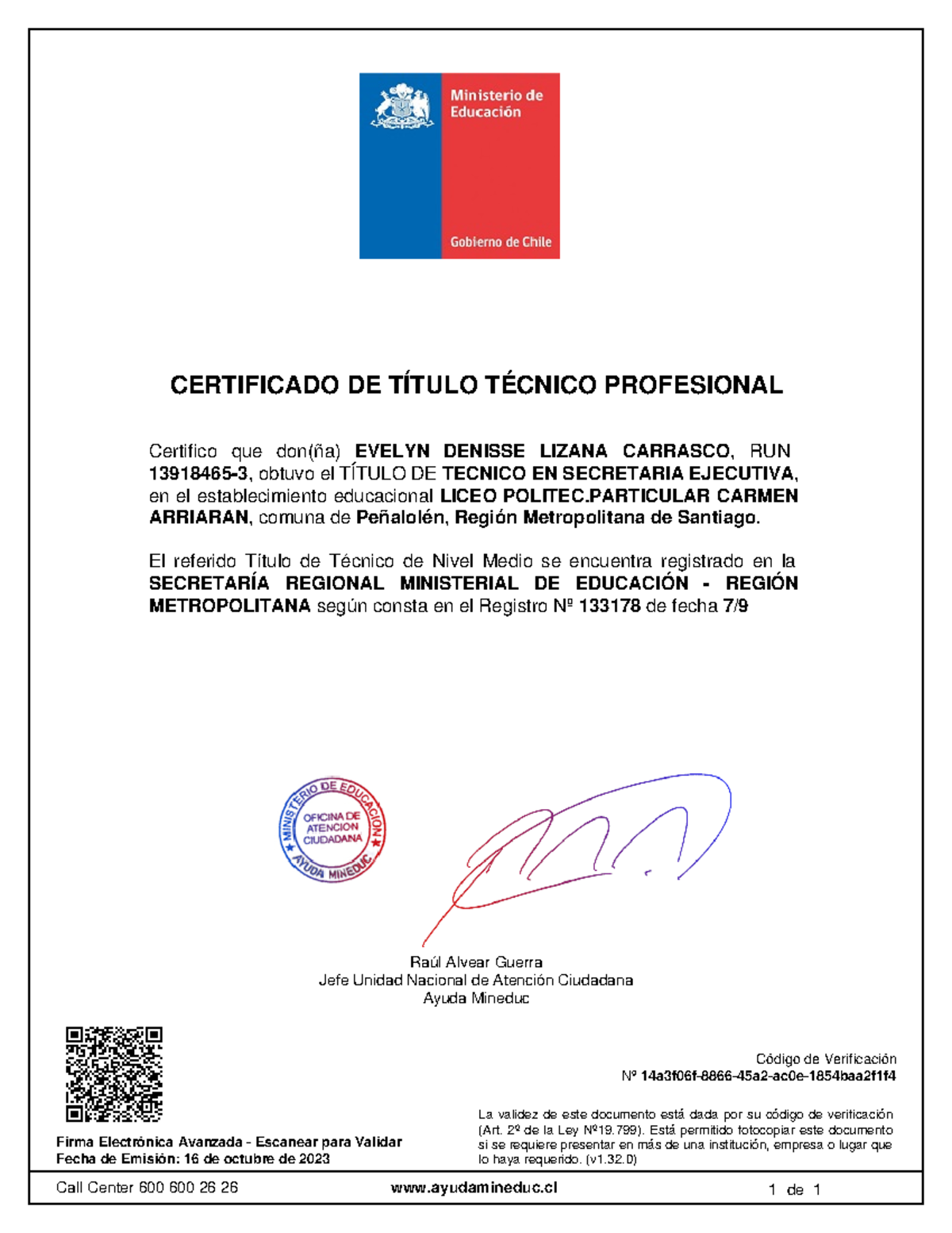 Certificado de Titulo Técnico Profesional - Raúl Alvear Guerra Jefe ...