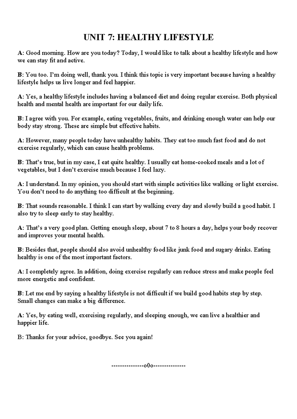 UNIT 7: HEALTHY LIFESTYLE - Speaking Notes for HK2 - Studocu