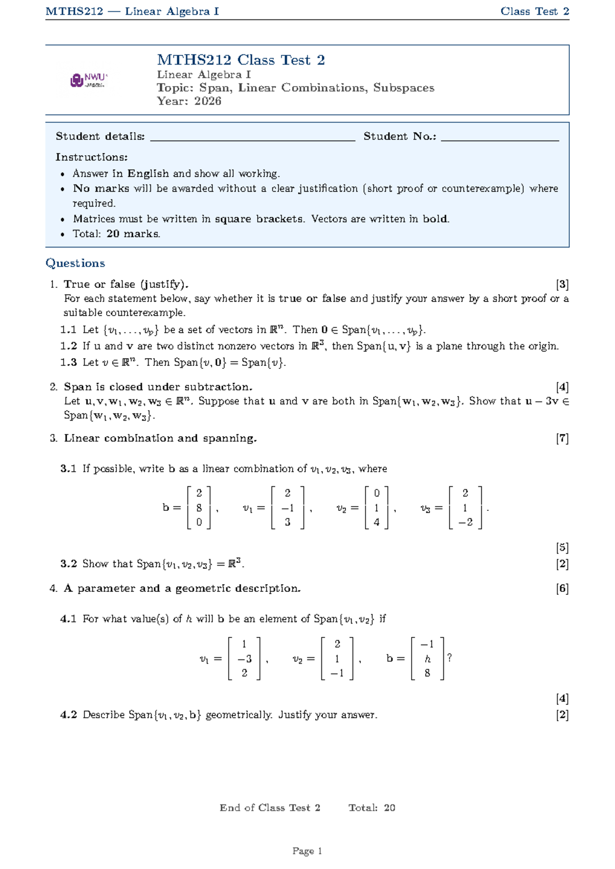 MTHS212 Linear Algebra I Class Test 2 - Span & Subspaces Notes - Studocu
