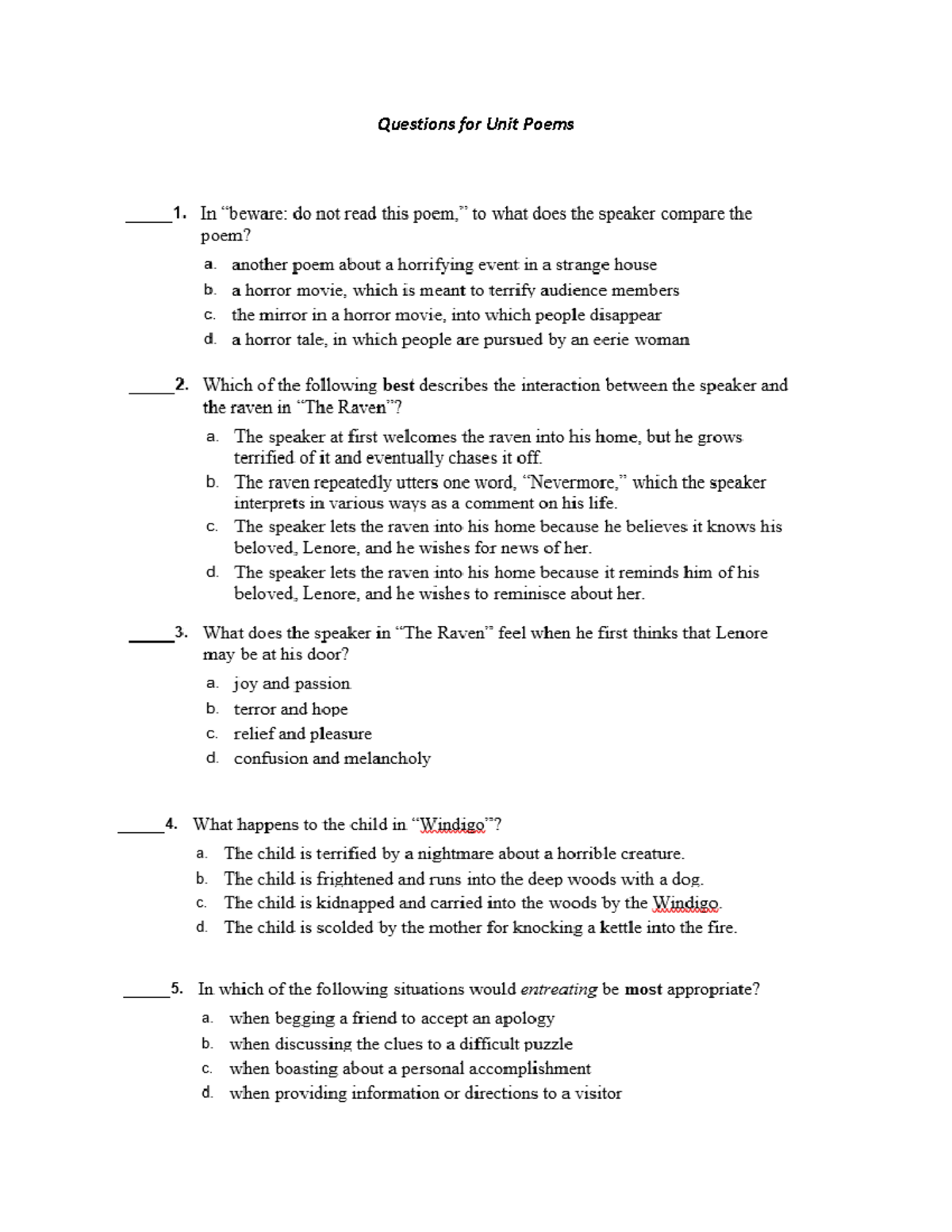 Questions for Unit Poems: Analysis and Interpretation Guide - Questions ...