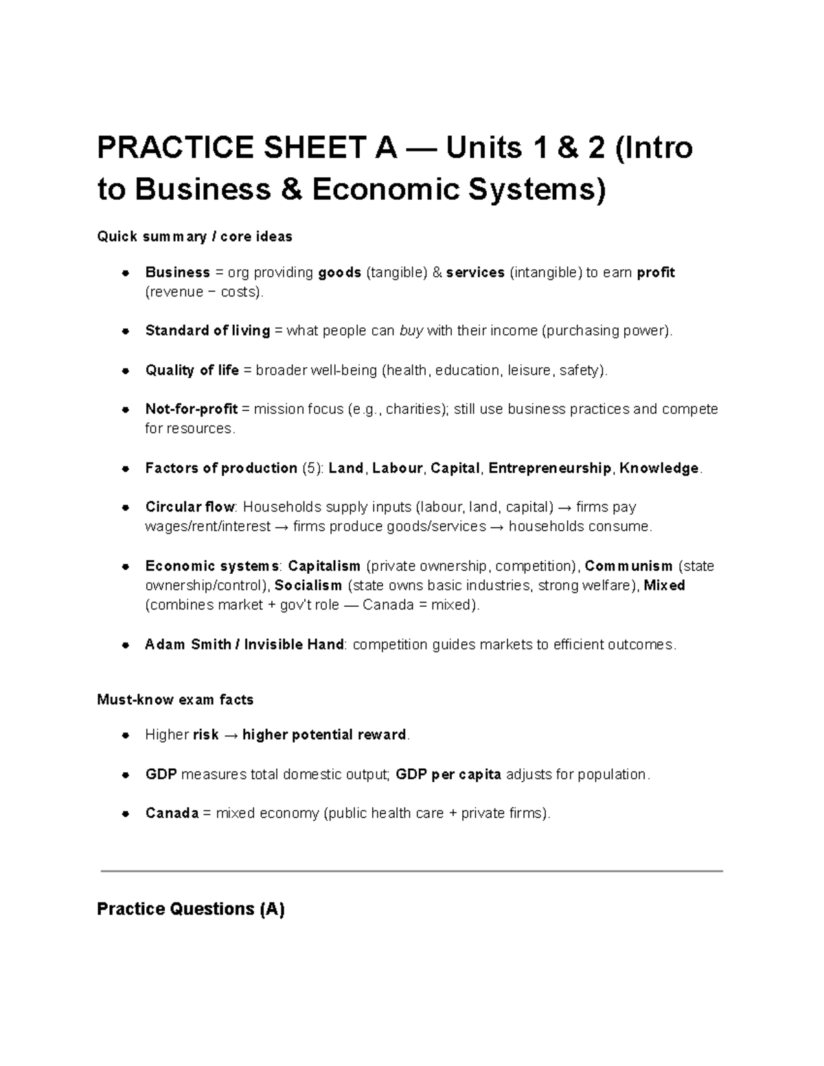 Sheet A — Units 1 & 2 (Intro to Business & Economic Systems) Summary ...