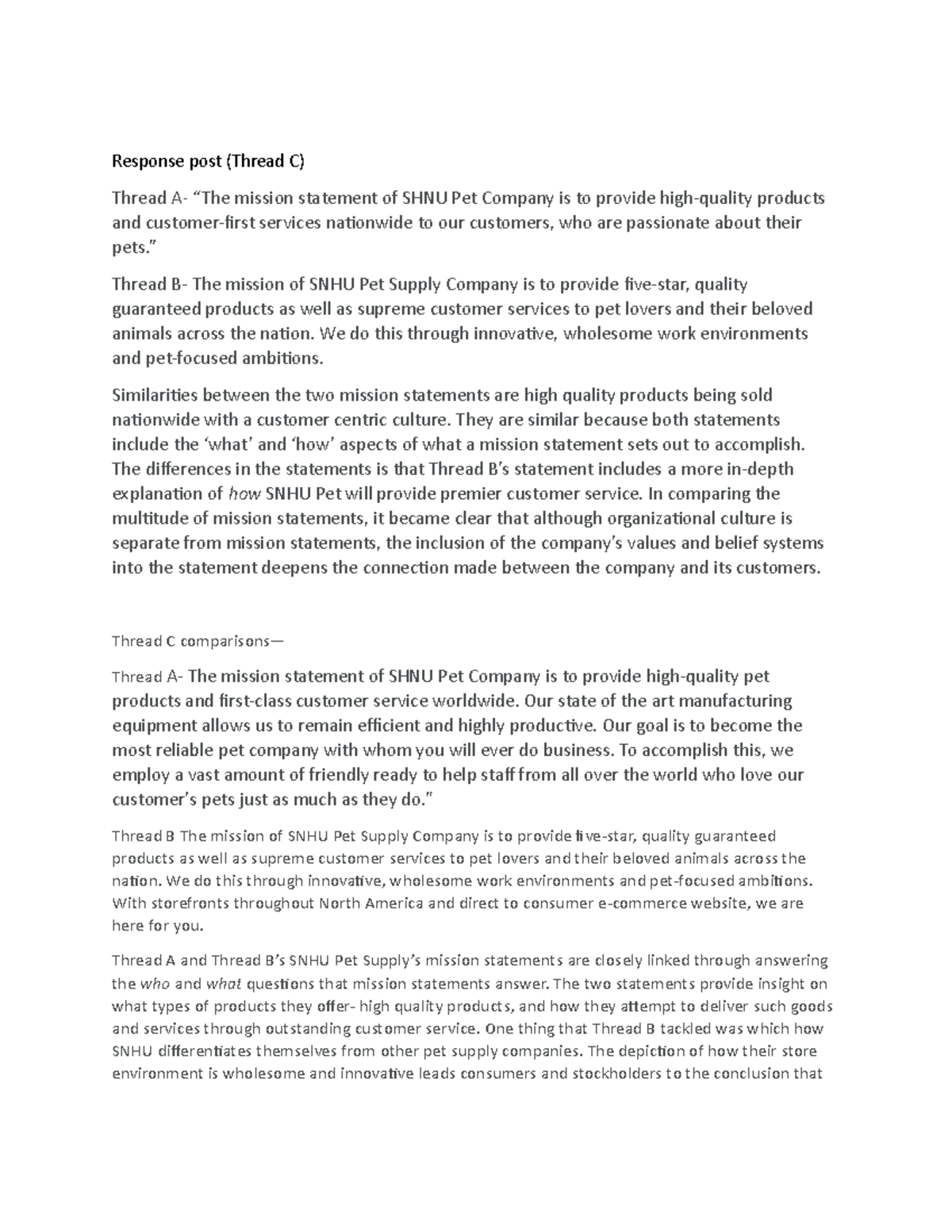 SNHU Pet Supply: Mission Statement Comparison Analysis (Mod 4) - Studocu