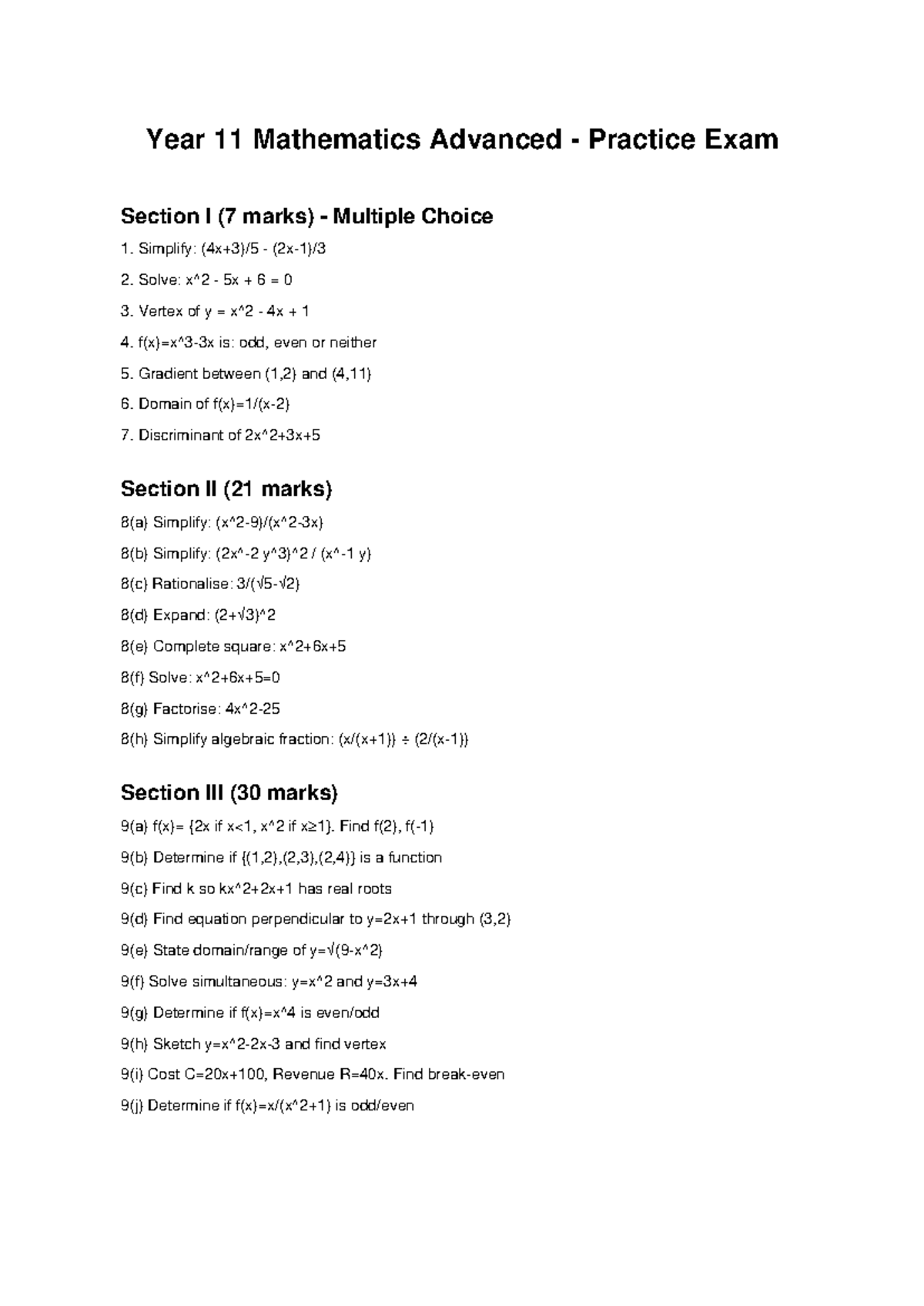Year 11 Mathematics Advanced Practice Exam - Multiple Choice & Problems ...