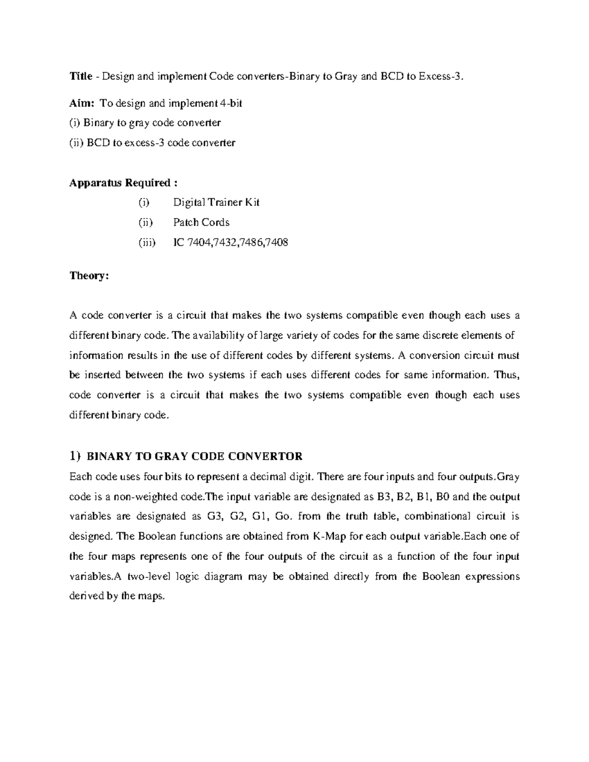 2 Design And Implement Code Converters Binary To Gray And Bcd To Excess 3 Aim To Design