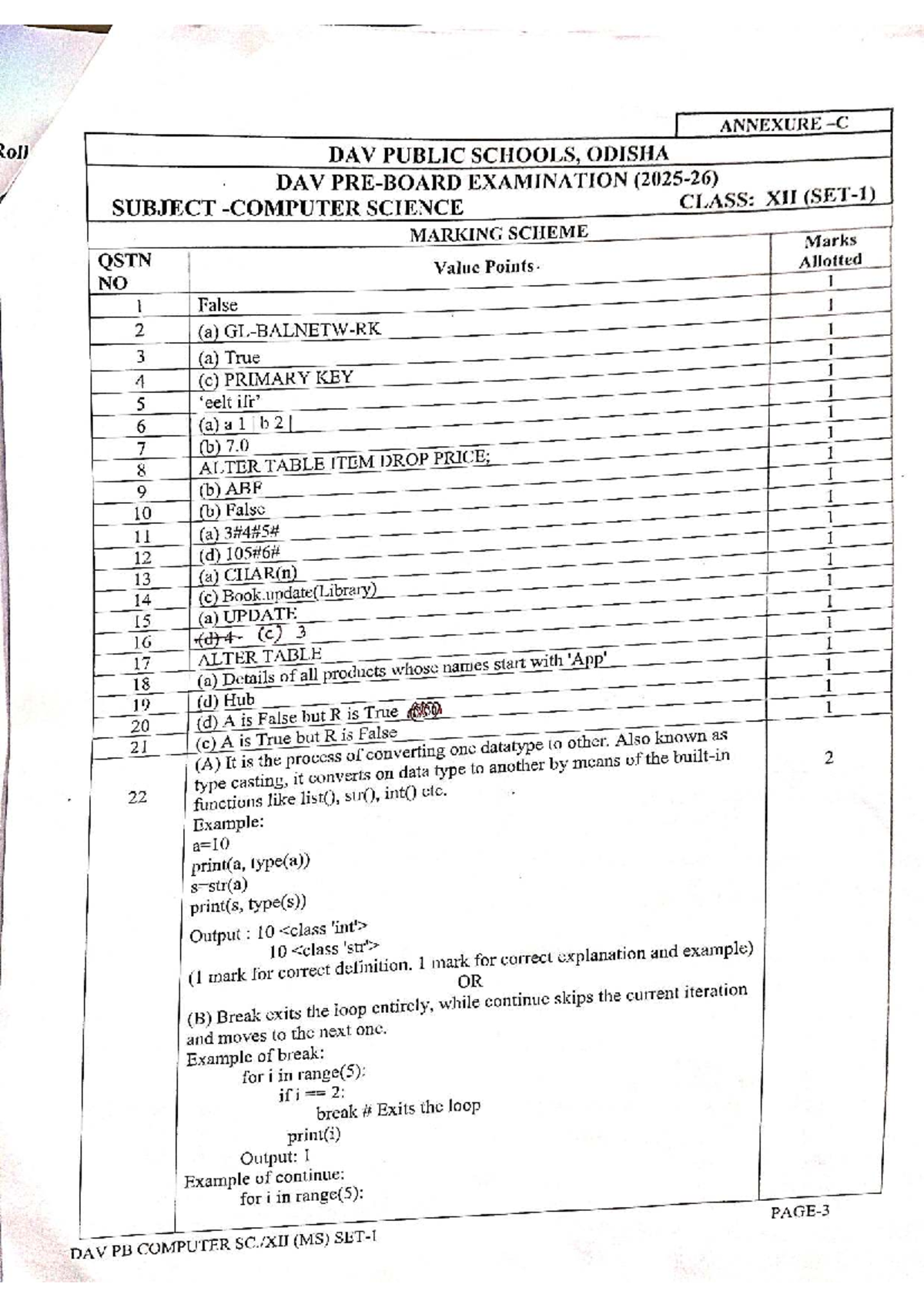 DAV PUBLIC SCHOOLS, ODISHA SCIENCE CLASS XII EXAM MARKING SCHEME - Studocu