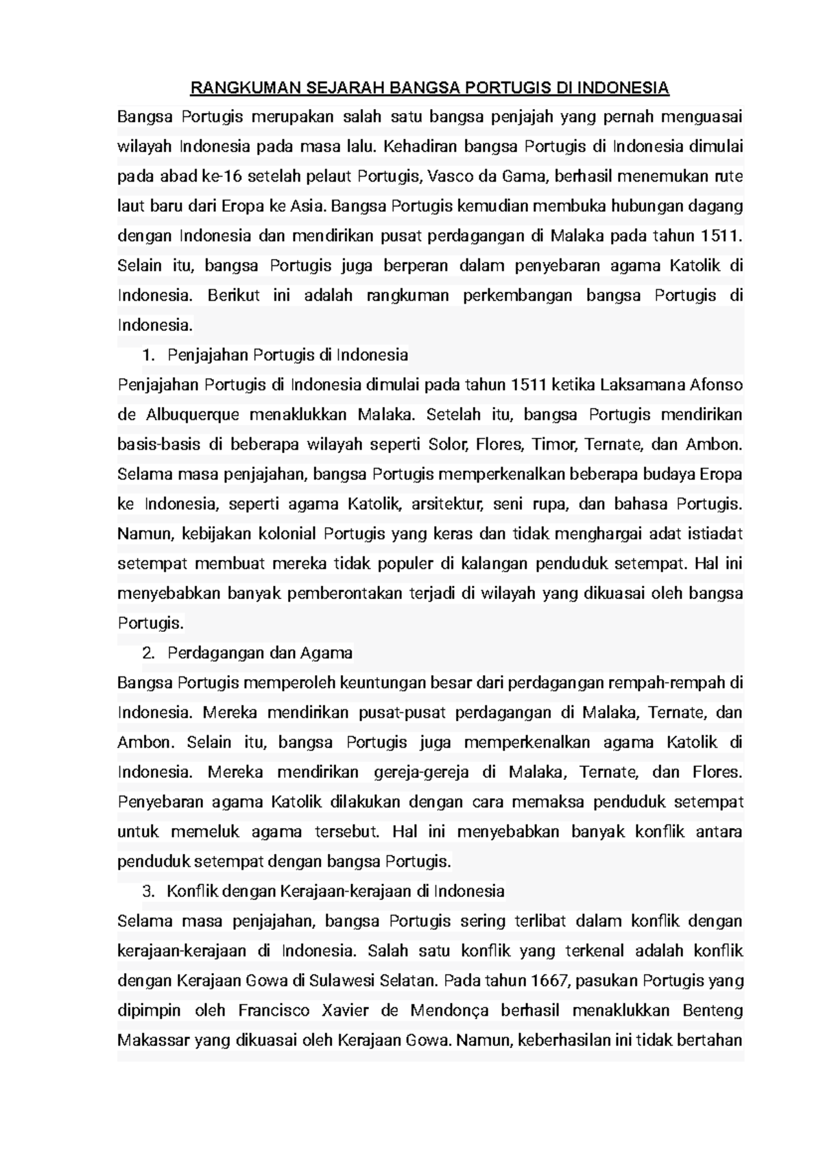 Rangkuman Sejarah Penjajahan Portugis di Indonesia: 1511-17th C. - Studocu
