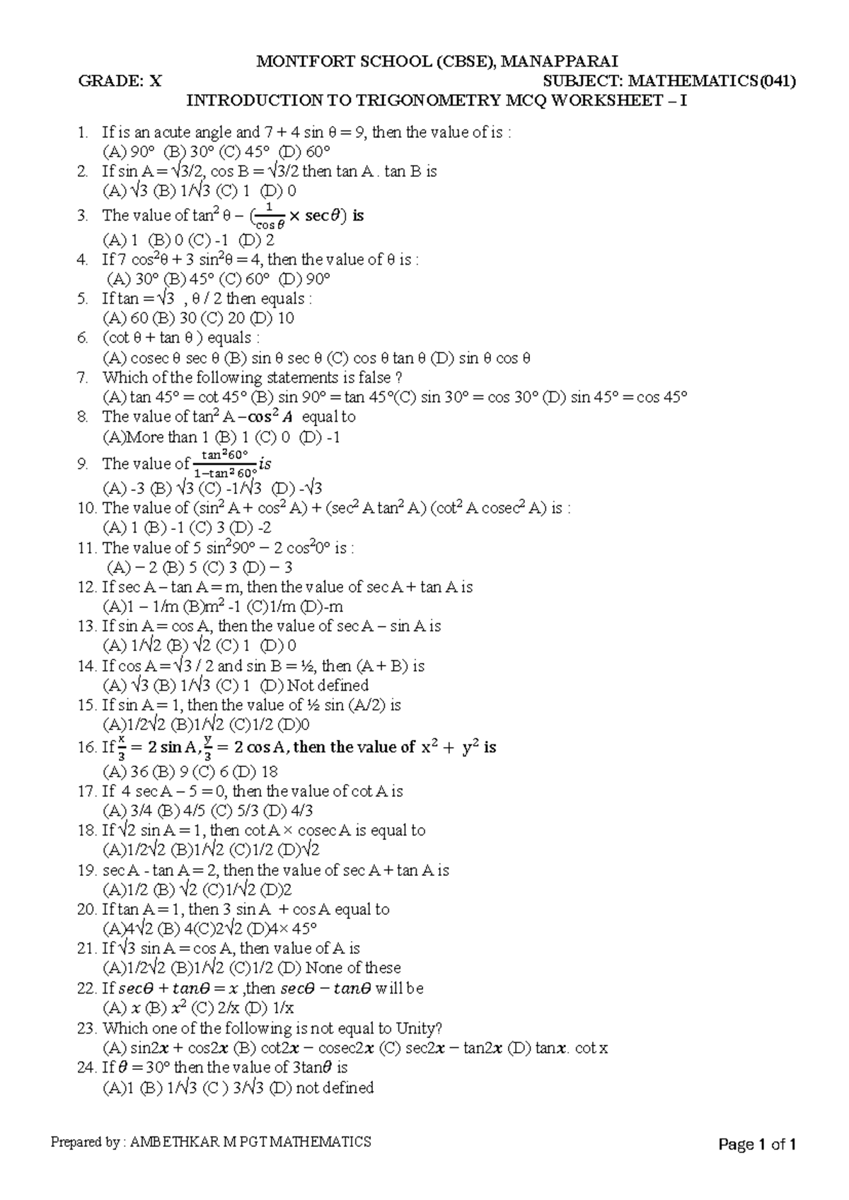 Grade X Mathematics (041) Chapter 08 Trigonometry MCQ Worksheet I - Studocu