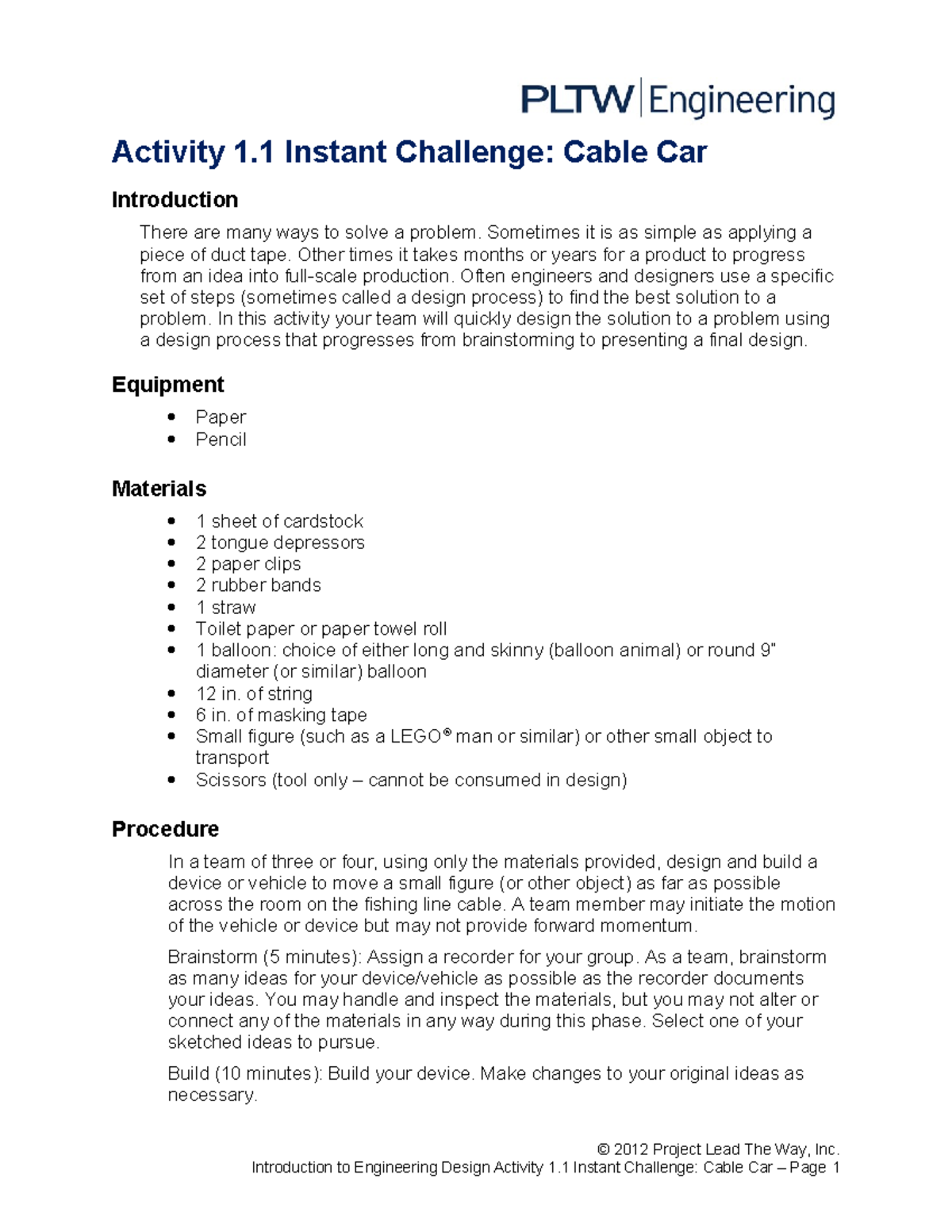 PLTW EDP Activity 1: Cable Car Instant Challenge Guide - Studocu