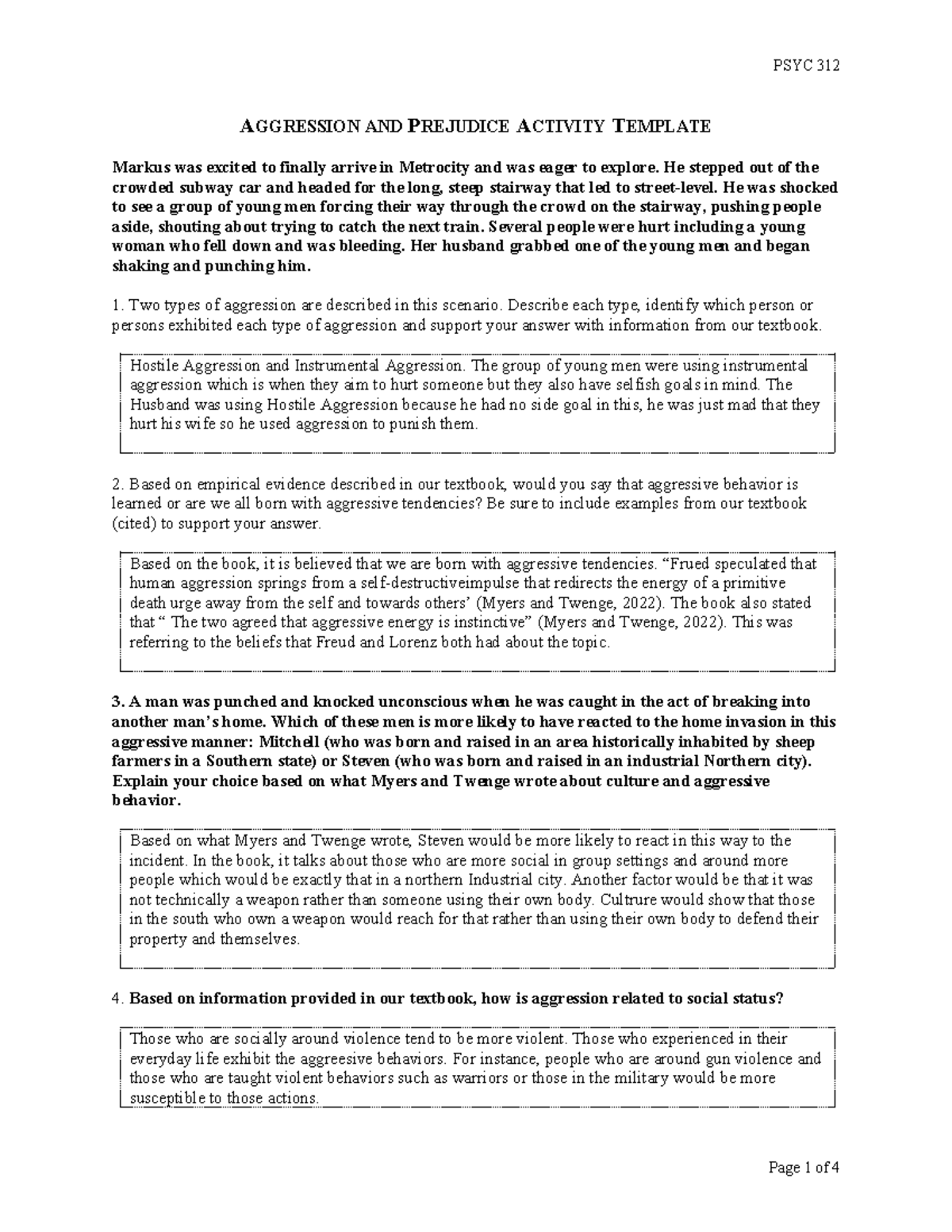 AGGR 101: Aggression and Prejudice Activity Template Analysis - Studocu