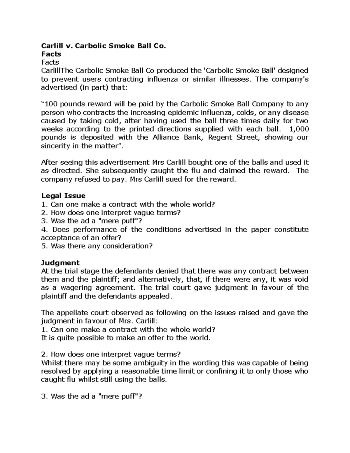 Contract case laws - Hhijj - Carlill v. Carbolic Smoke Ball Co. Facts ...