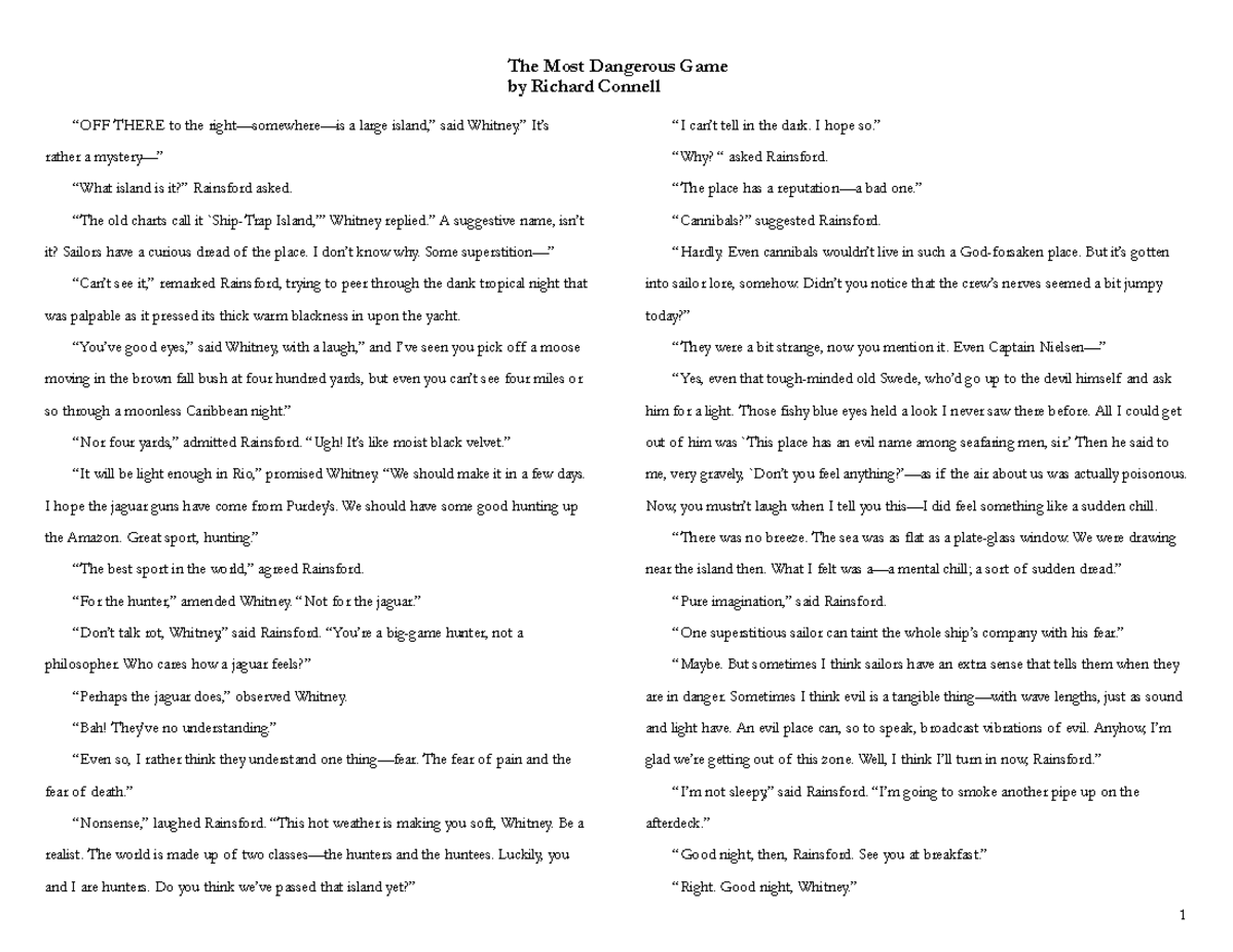 The Most Dangerous Game (Short Story Analysis) - Studocu