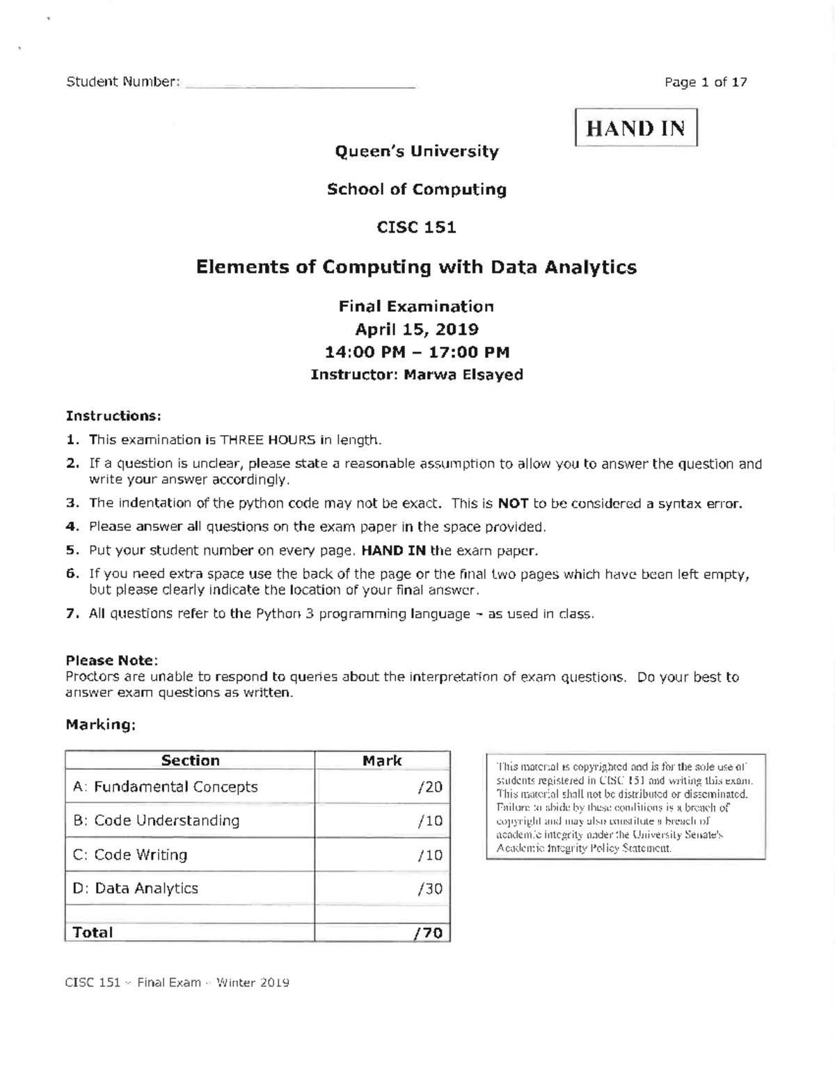 CISC 151 Final Exam: Elements of Computing & Data Analytics - Studocu