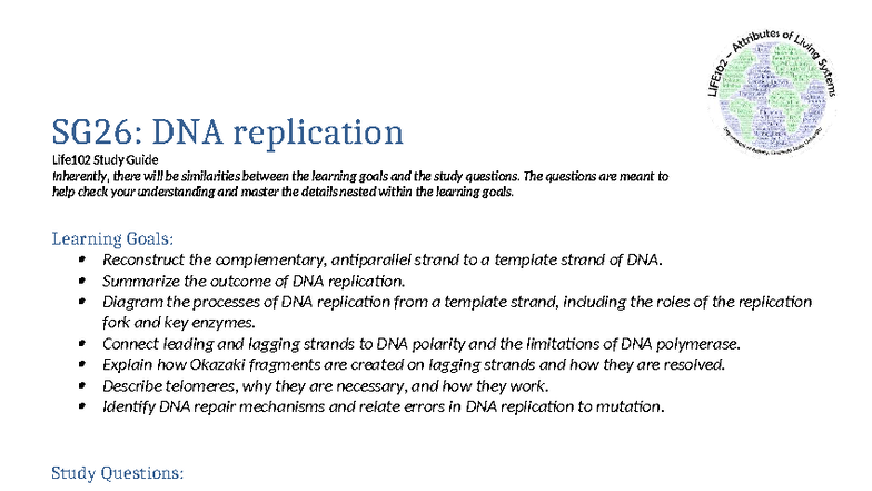 SG26: DNA Replication Study Guide for Life102 (Lecture 26-27) - Studocu