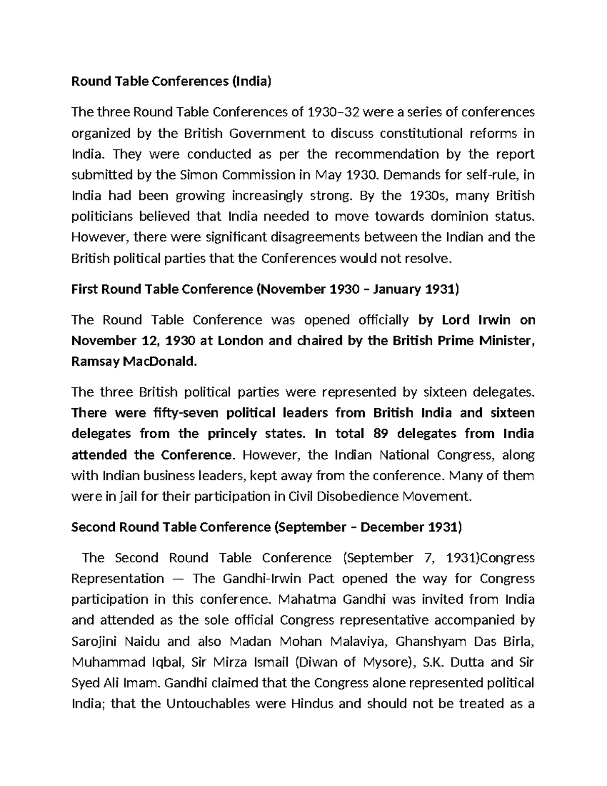 Round Table Conferences (India): A Historical Overview - Studocu
