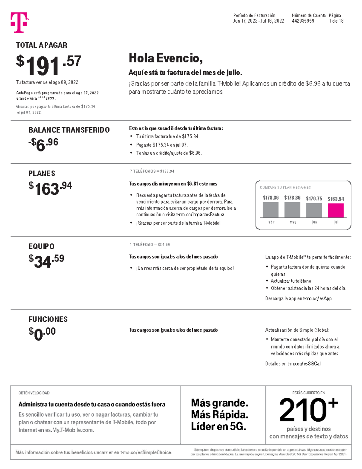 Factura Detallada T-Mobile Julio 2022 - Resumen y Cargos - Studocu